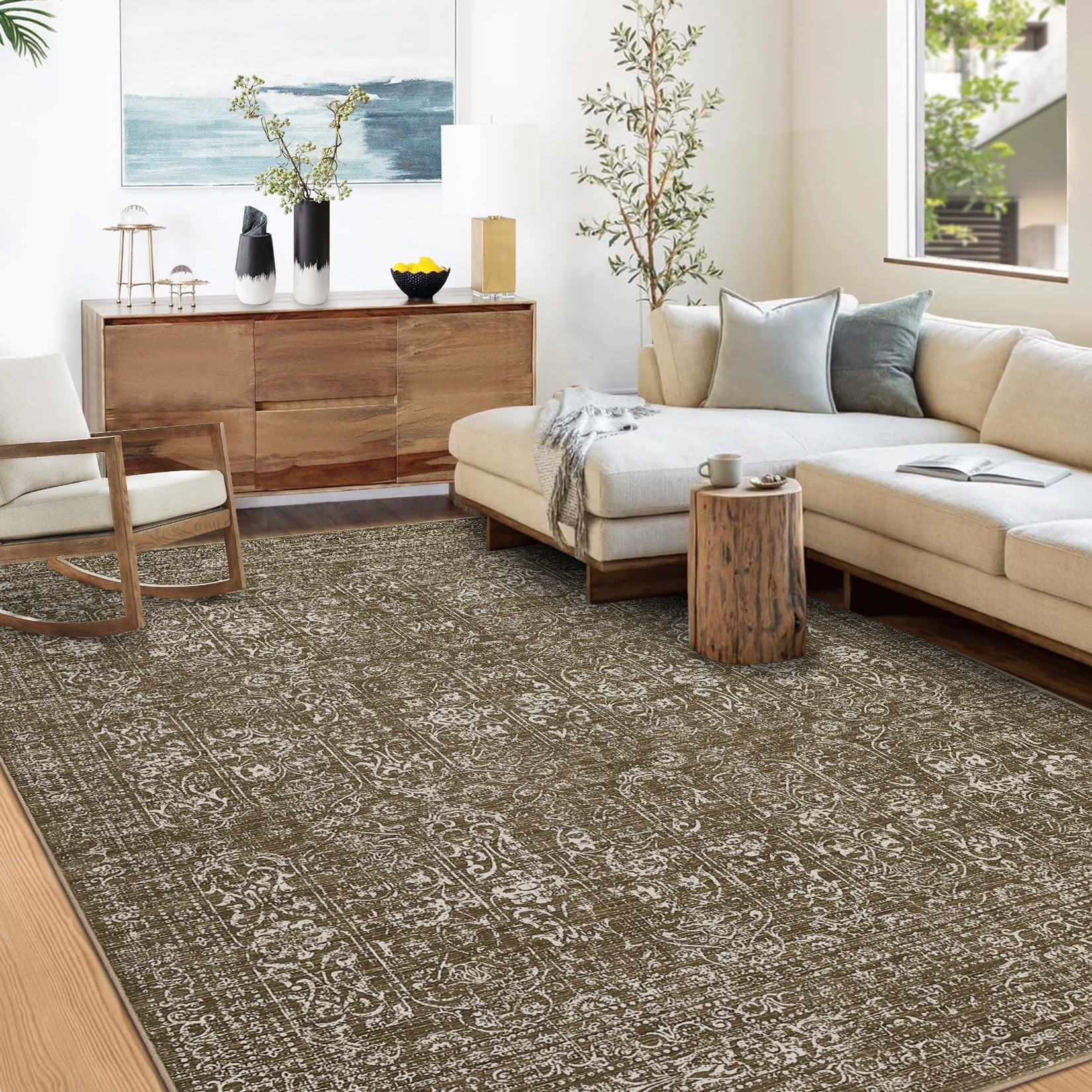 FairOnly 5'x7' Camel Area Rugs Washable Vintage Floral Ultra-Thin Stain ...