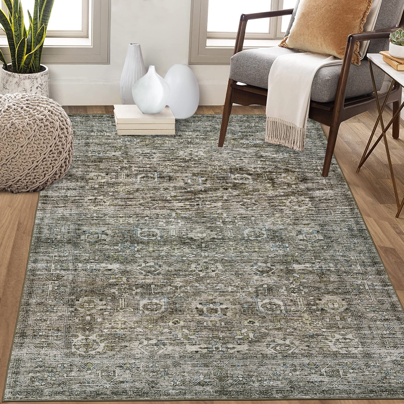 FairOnly 5'x7'Green Machine Washable Area Rugs for Living Room Vintage ...