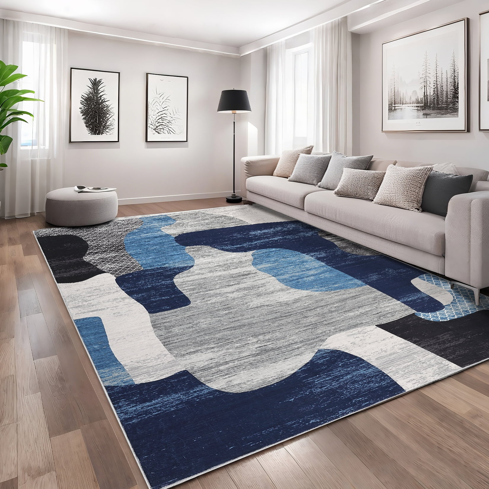 FairOnly 9'x12'Blue Abstract Low Pile Machine Washable Area Rug Modern ...