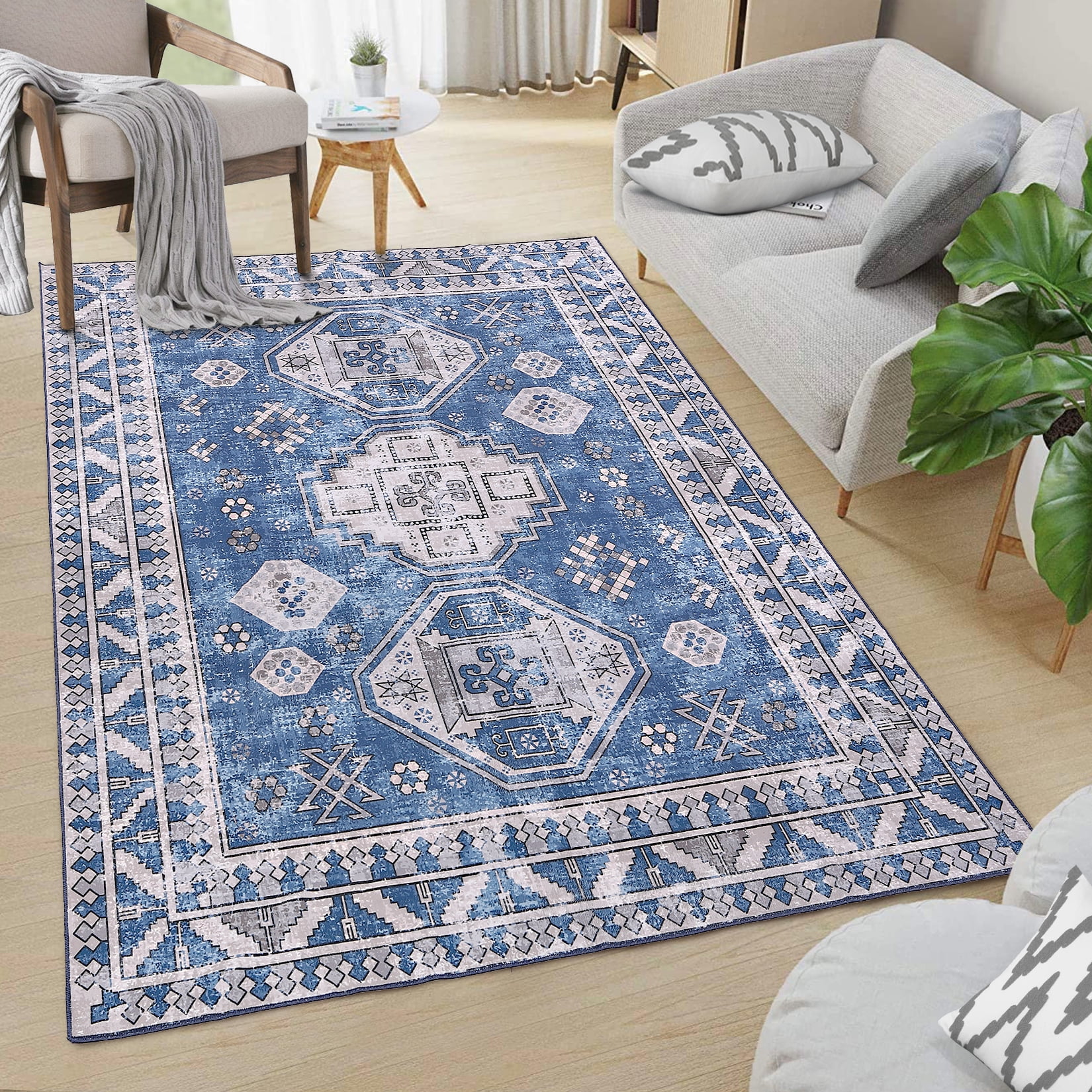 FairOnly 9'x12' Blue Washable Living Room Rugs Bohemian Geometric ...