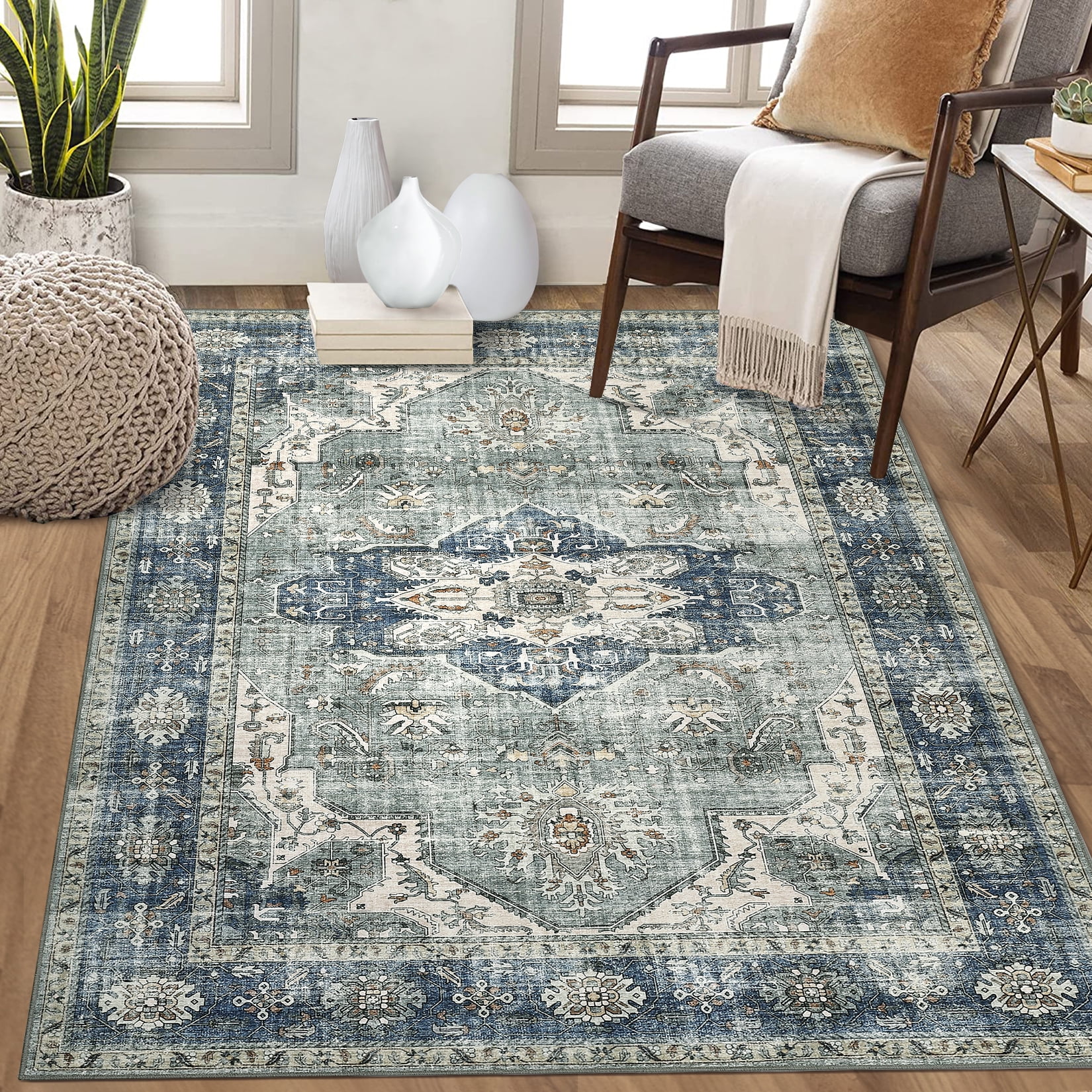 FairOnly Blue 5'x7' Vintage Area Rugs for Living Room Machine Washable ...