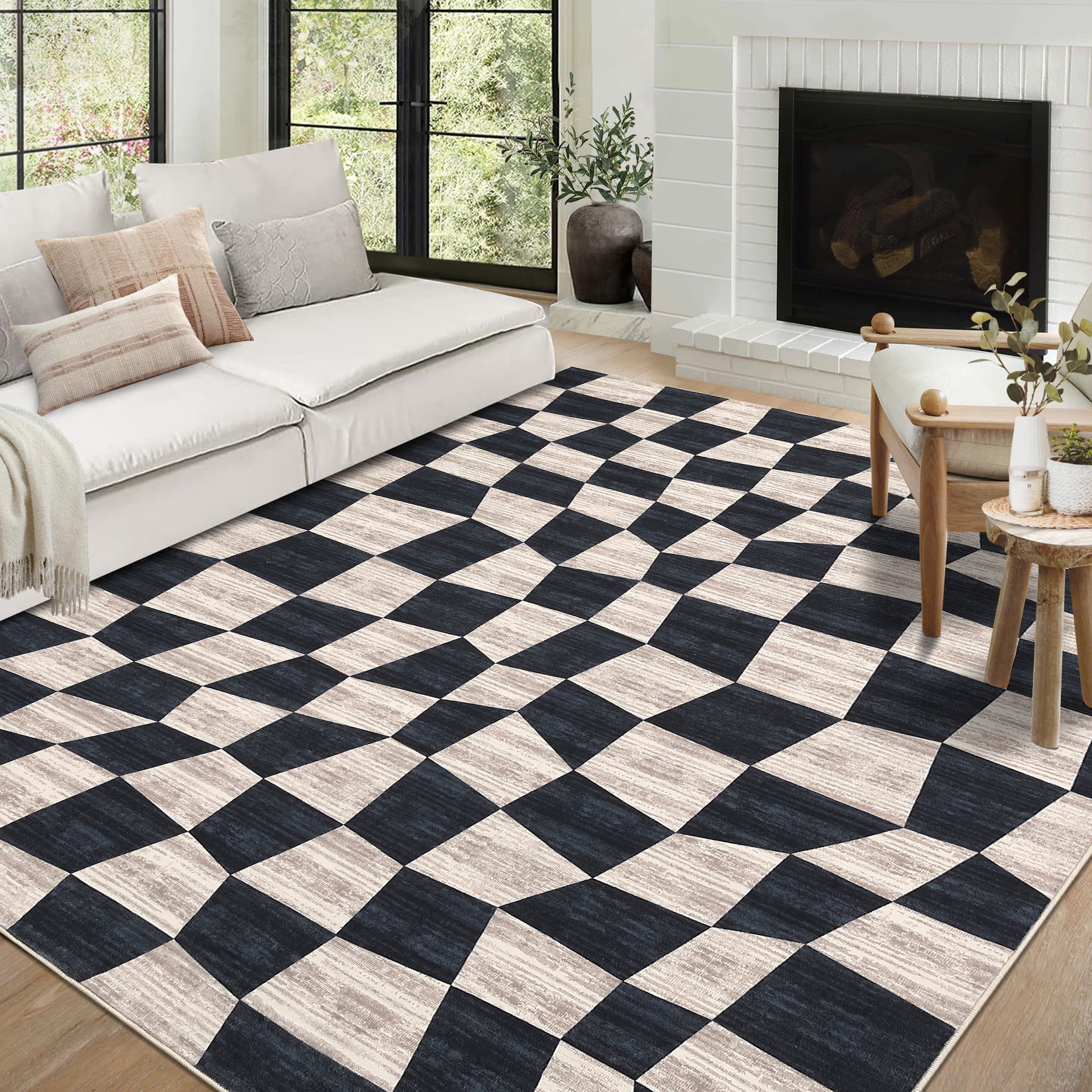 FairOnly Large Modern Checkered Rug Low Pile Stain Resistanta 9' x 12' Area Rug for Living Room ...