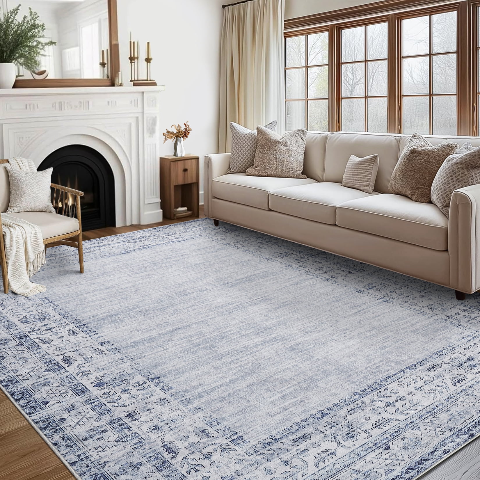 FairOnly Light Blue 8'x10'Vintage Washable Stain Resistant Area Rug Non ...