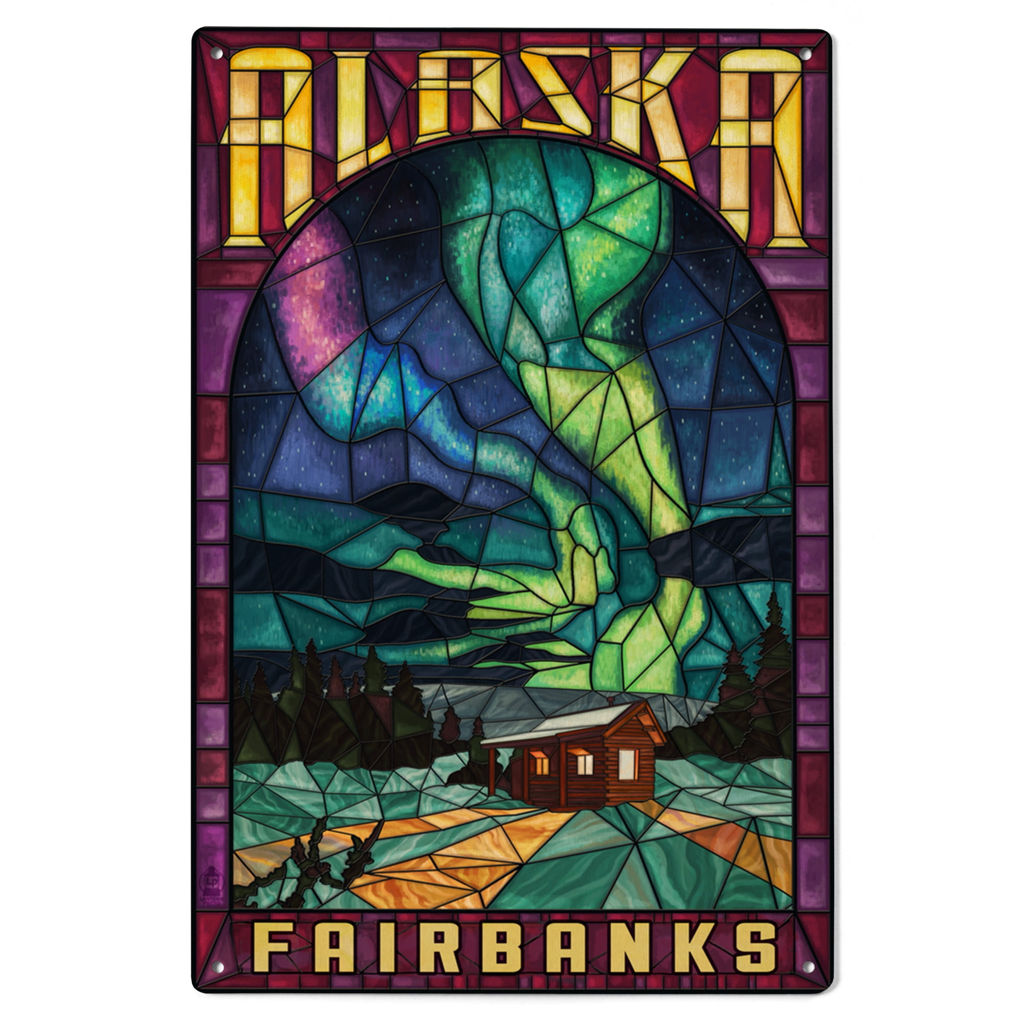 Fairbanks, Alaska, Cabin and Northern Lights Stained Glass Birch Wood ...