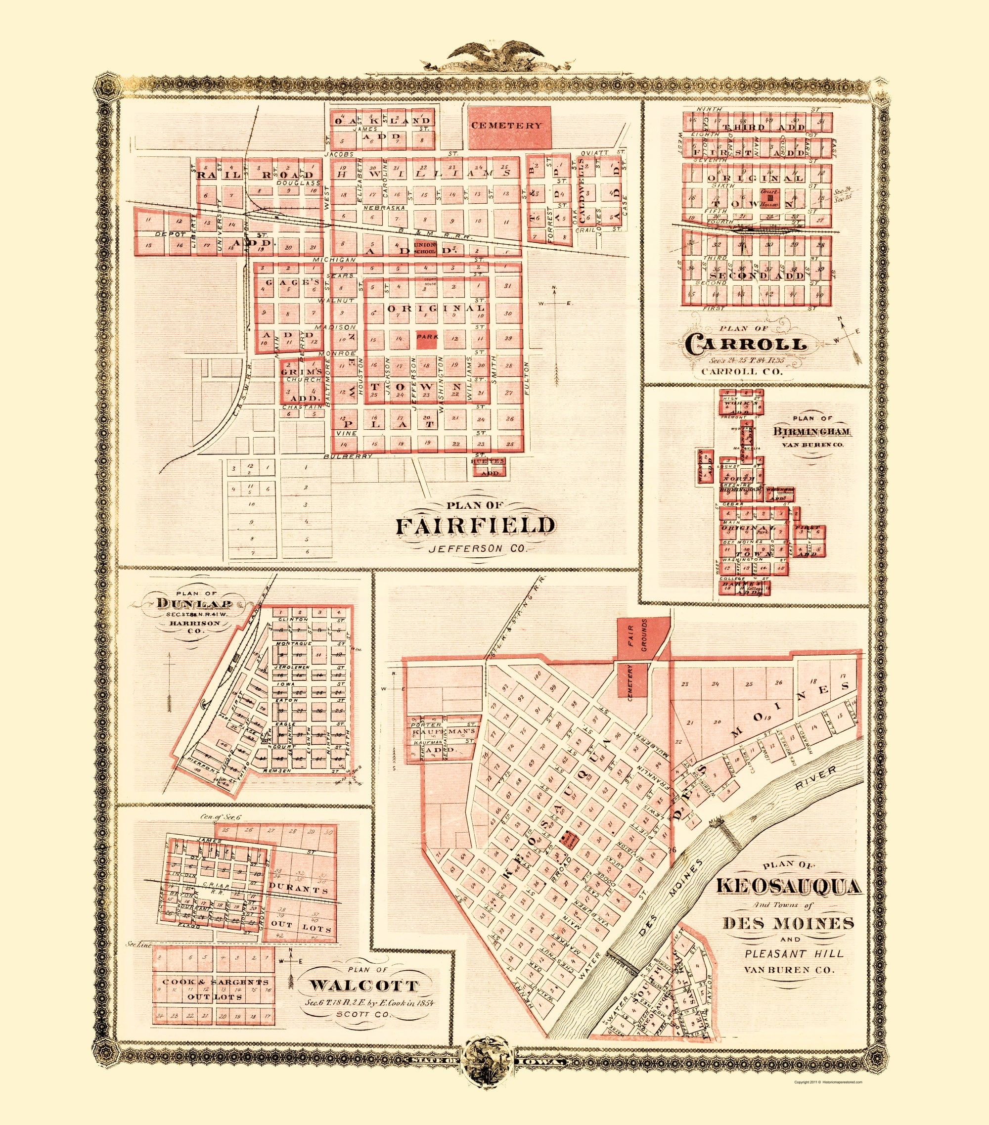 Historic City Map - Fairfield Carroll Birmingham Walcott Keosauqua Iowa ...