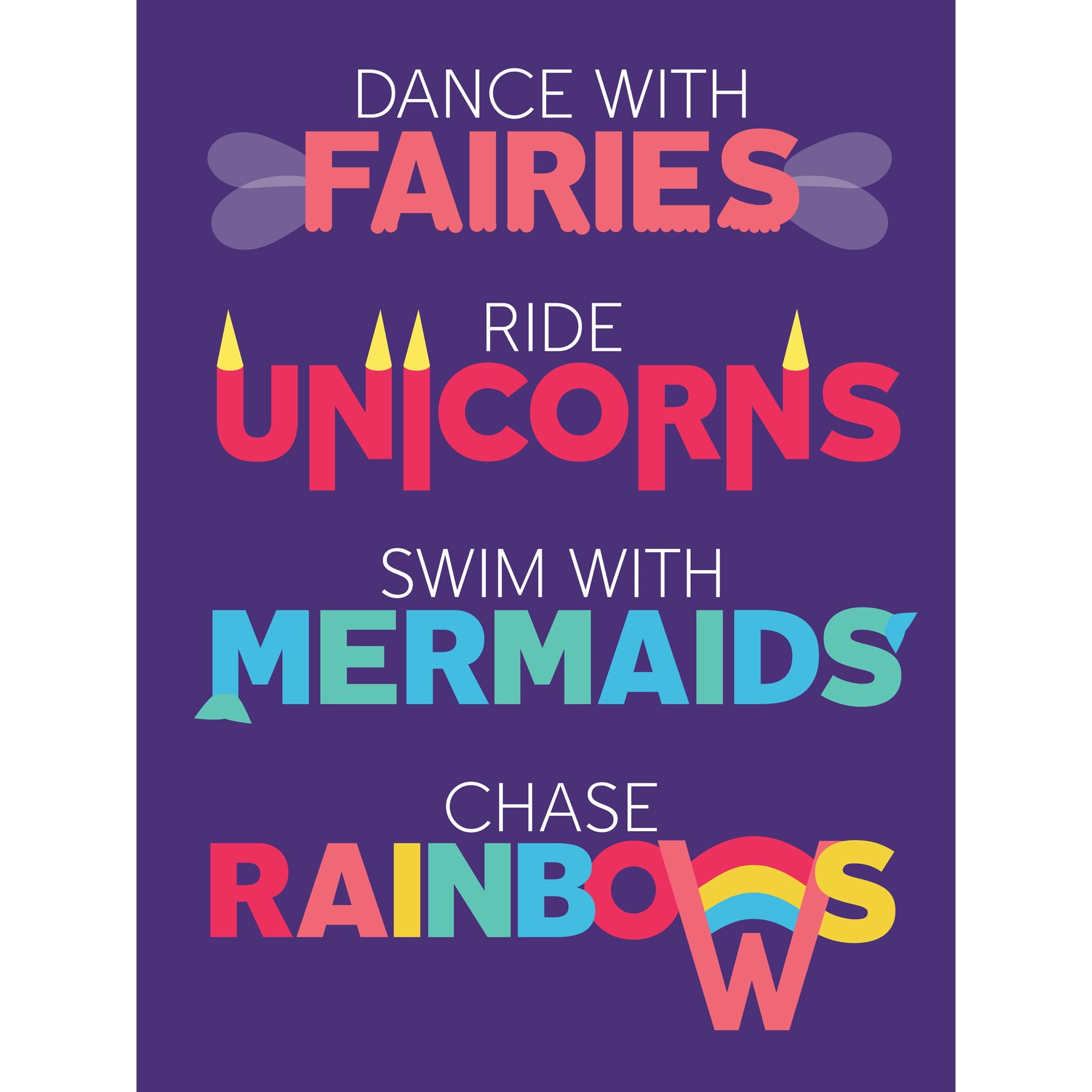 Fairies Unicorns Mermaids Rainbows Purple Large Wall Art Print ...