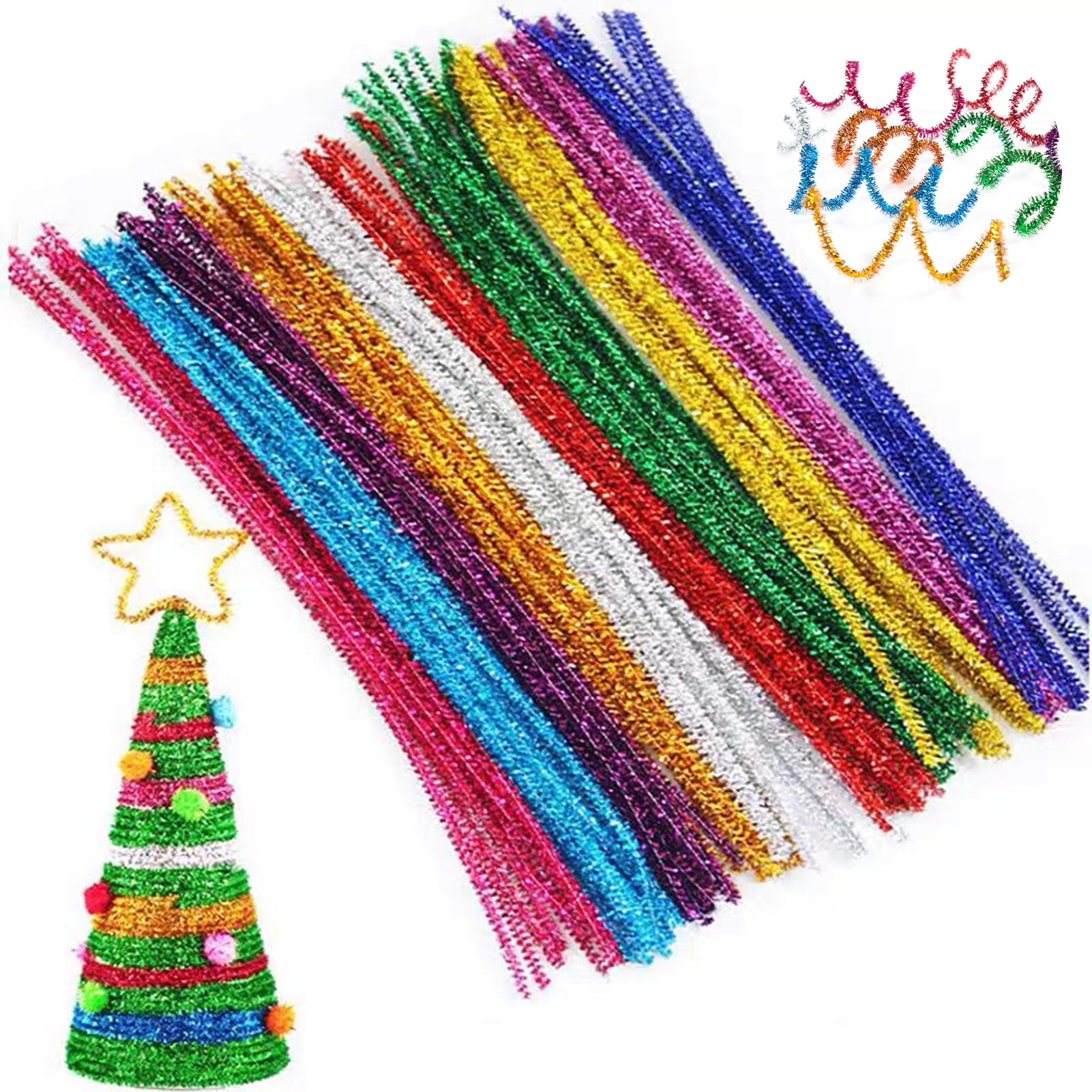 Fairnull 100Pcs Glitter Chenille Stems Flexible Bendable Plush Tinsel ...
