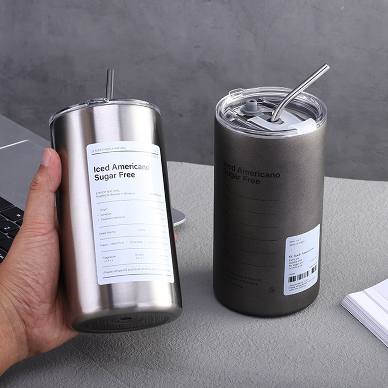 Fairnull 600ml Coffee Mug Effective Insulation Good Sealing Leak-proof Double Layer with Straw ...