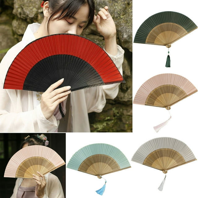 Fairnull Folding Fan Vintage Style Tassel Dancing Handheld Fan Bamboo ...
