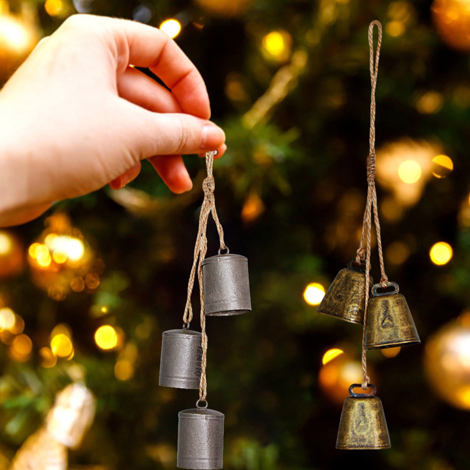 Fairnull Iron Bell Chime with 3 Large Vintage Cow Bells on Rope Rustic ...