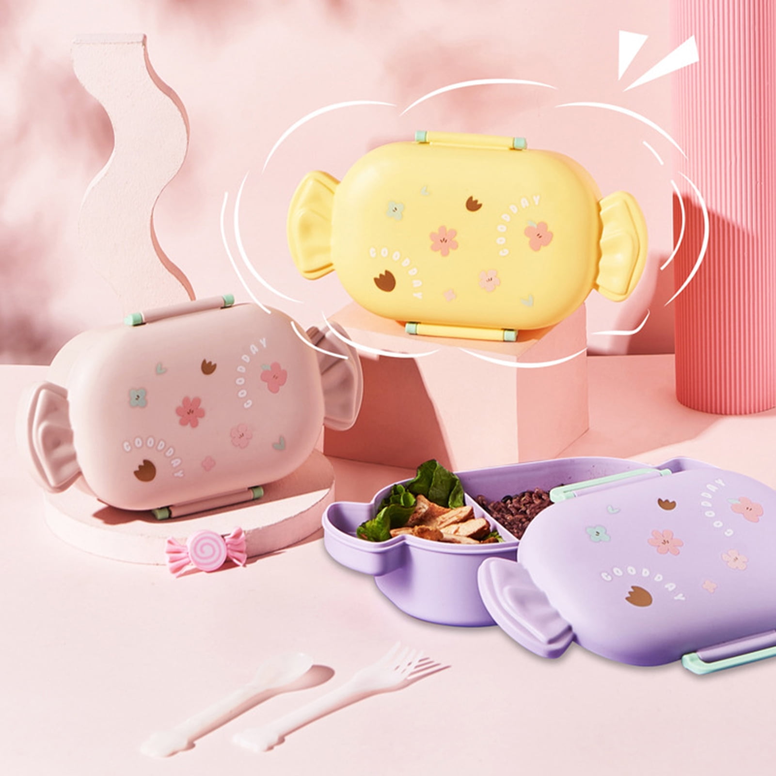 Fairnull Lunch Box No Odor Food Grade Cartoon Easy to Clean 2 Grids ...