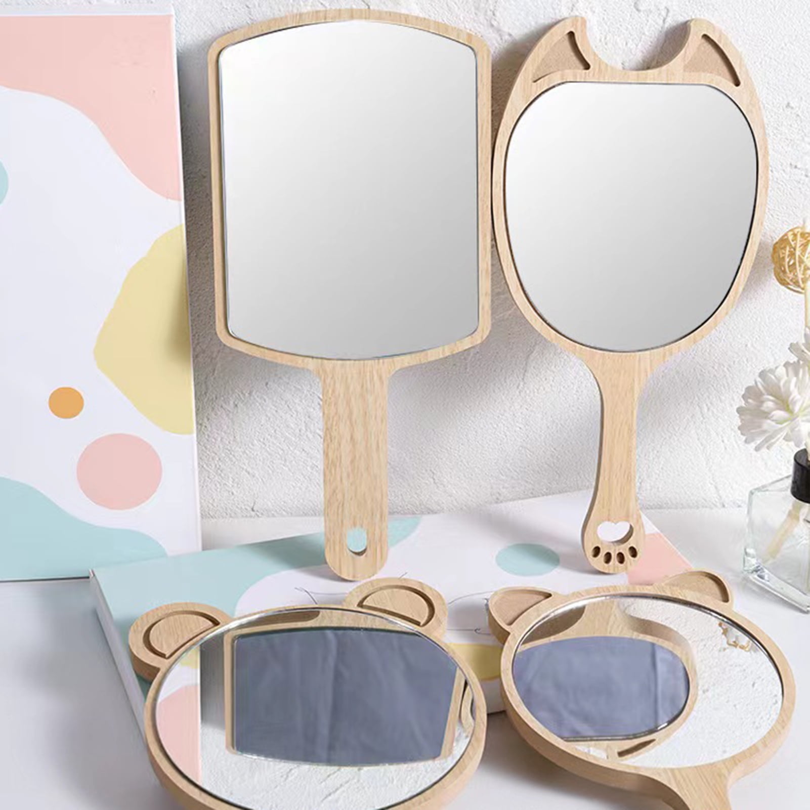 Fairnull Makeup Mirror Creative Shape Wooden Handle Compact Size ...