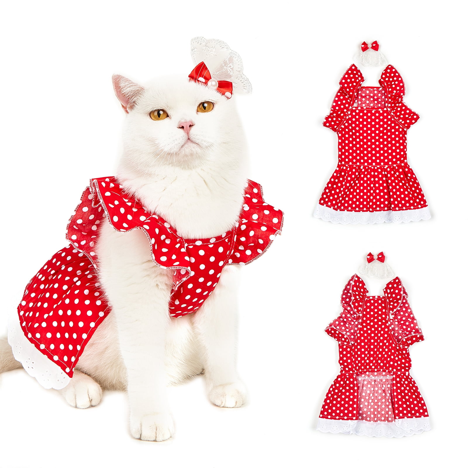 Fairnull Pet Dress Flying Sleeve Polka Dots Printing Headgear Summer ...