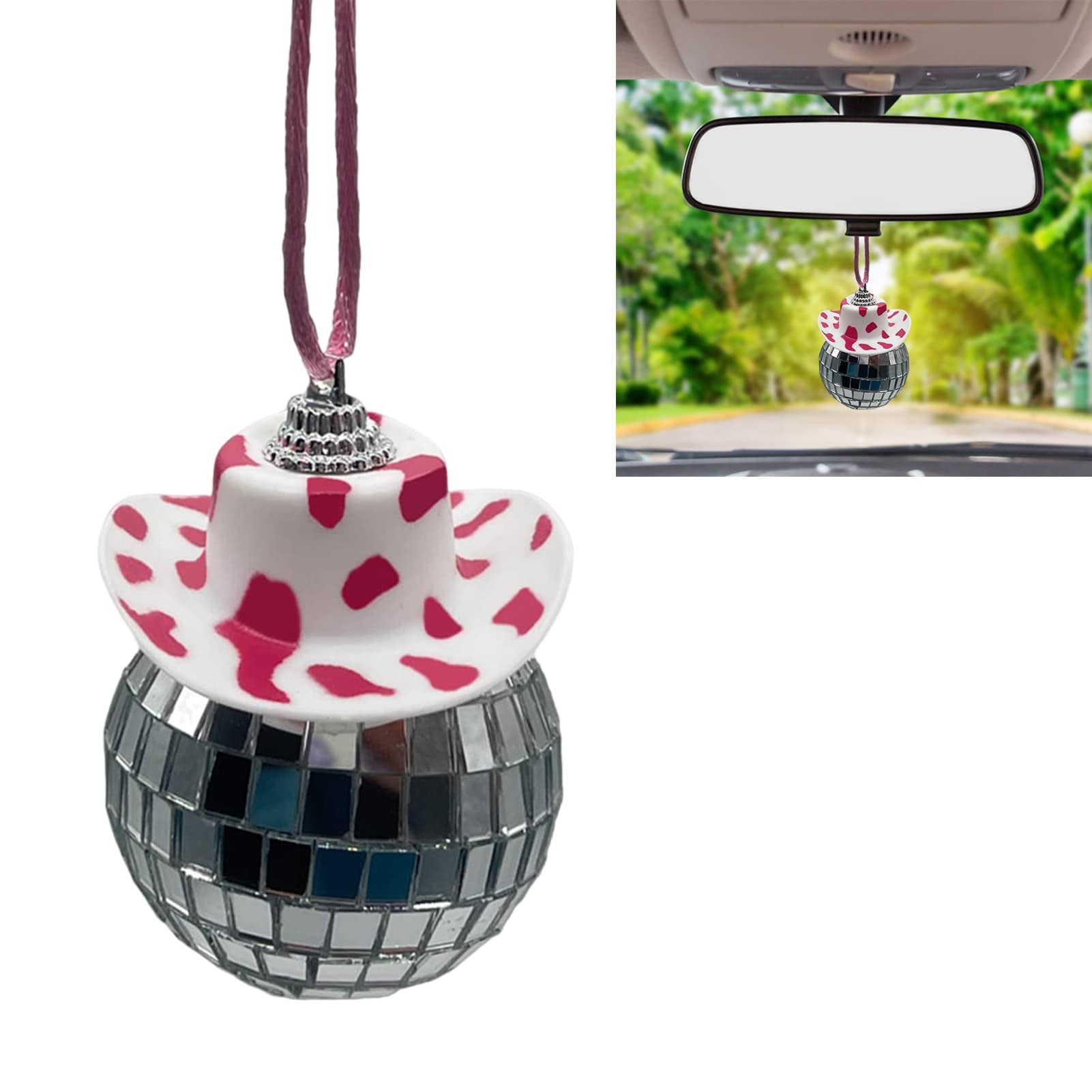 Fairnull Pink Cow Print Disco Ball Car Mirror Ornament Car Rear View ...