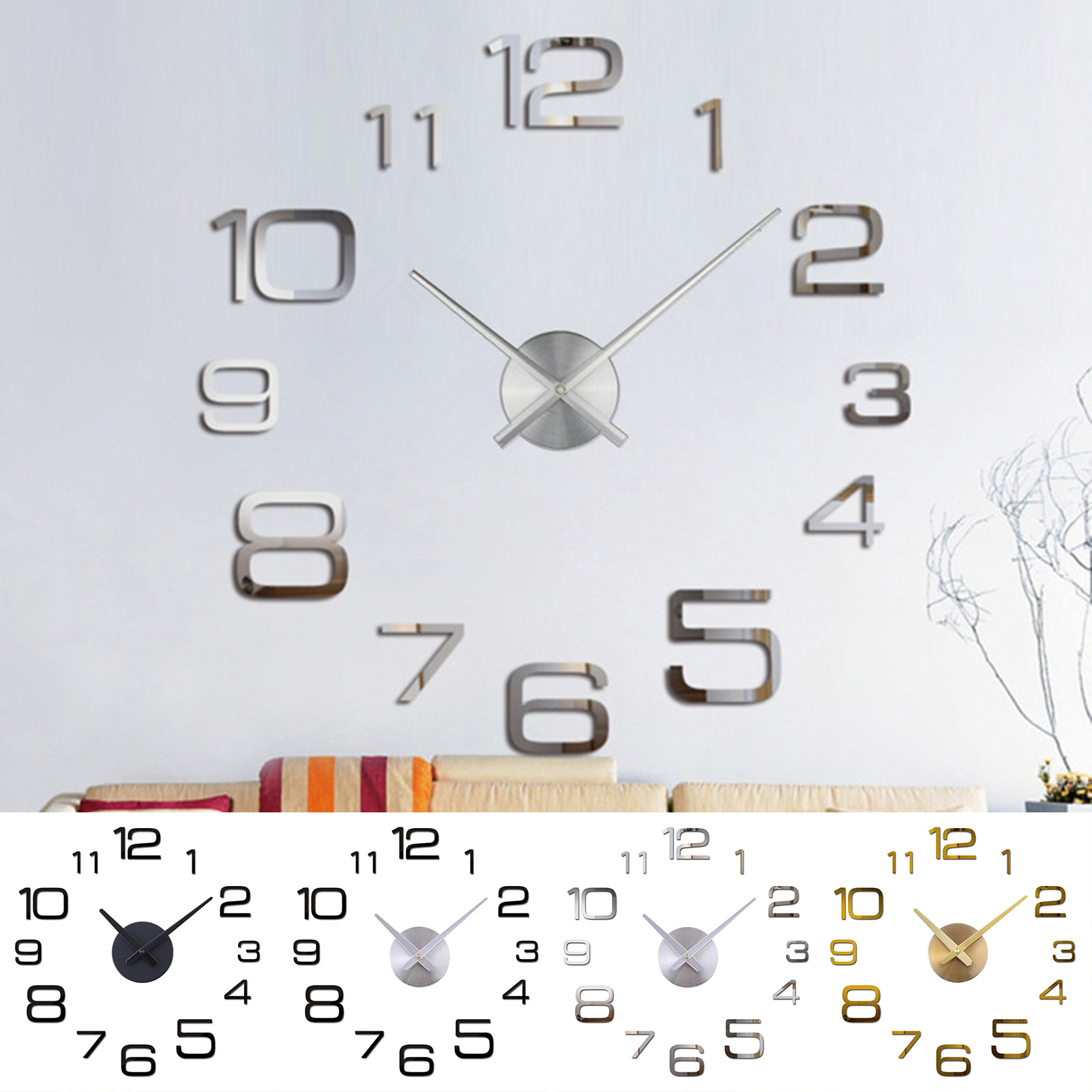 Fairnull Wall Clock Punch Free Wall Mounted Easy Installation Large ...