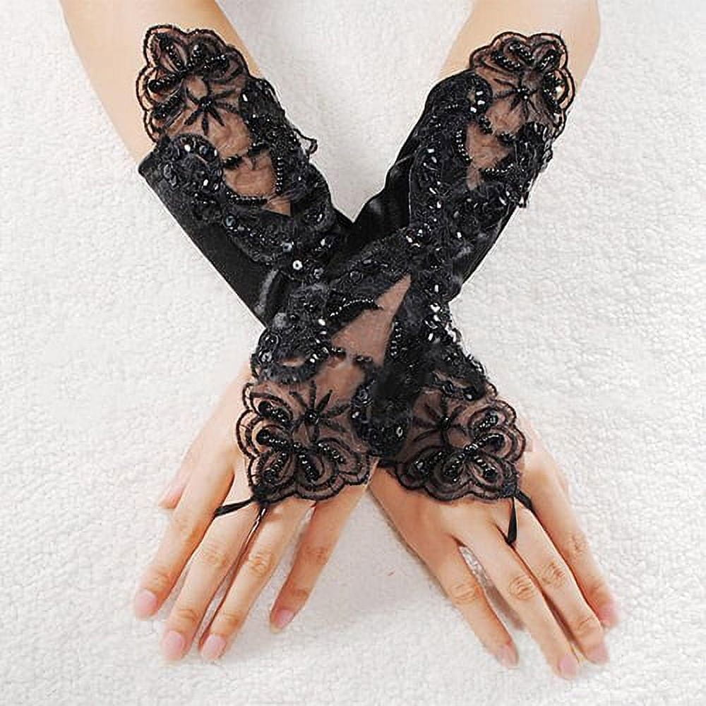 Fairnull Women Faux Pearl Lace Gloves Bride Fingerless Wedding Party ...