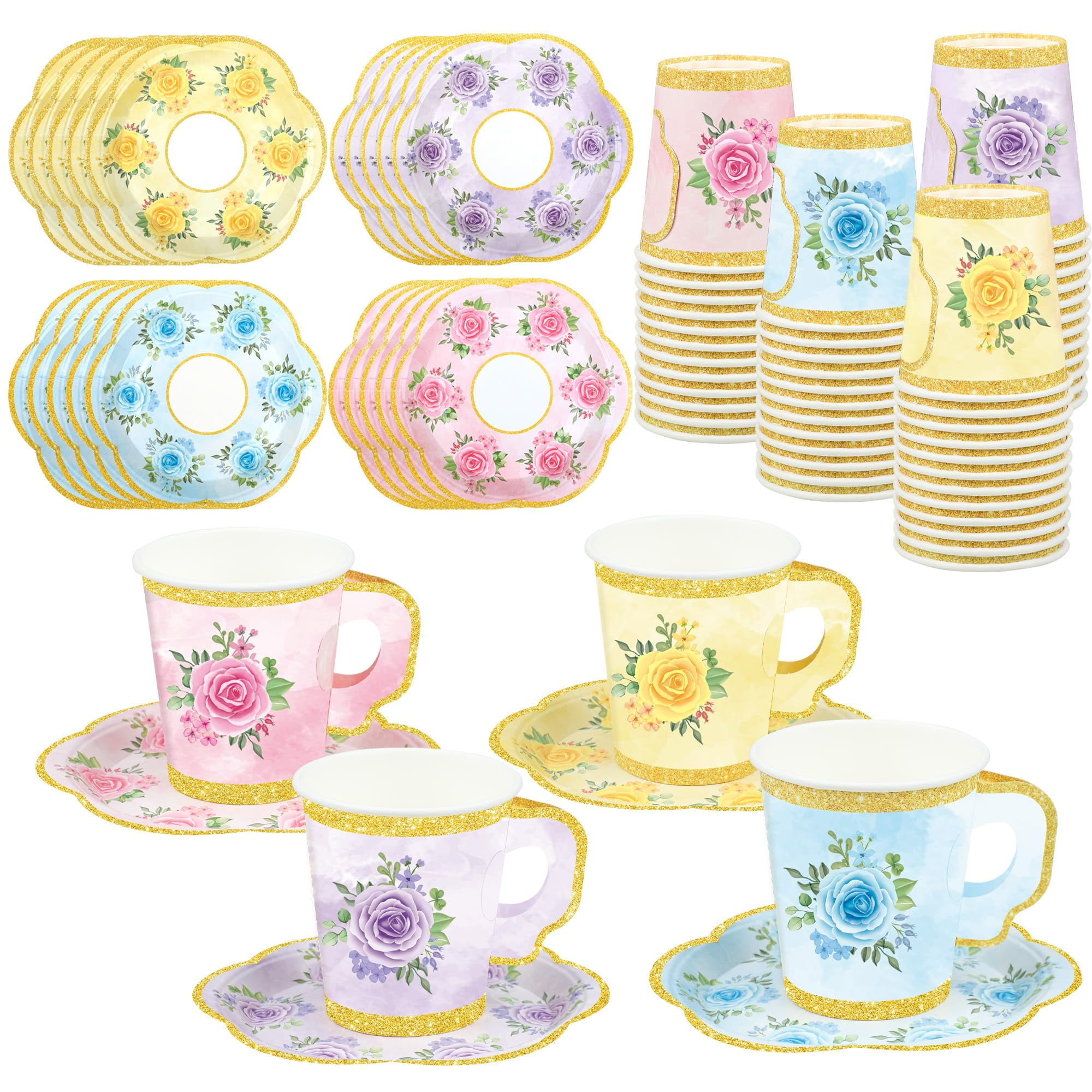 Fairooth 48 Sets Floral Paper Tea MTN1 Cups and Saucers Disposable Tea ...