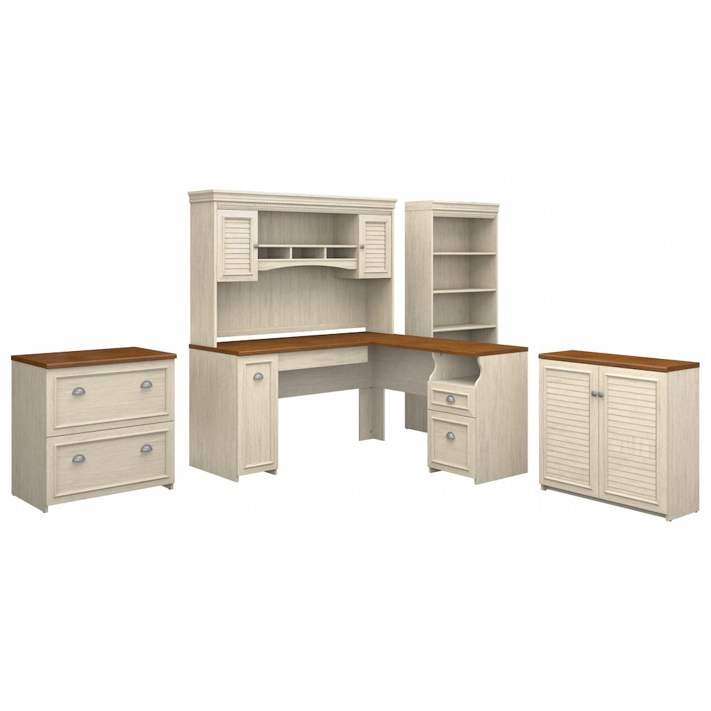 Bush Furniture Fairview L Desk & Storage Cabinet, 5 Pc Set in Antique ...