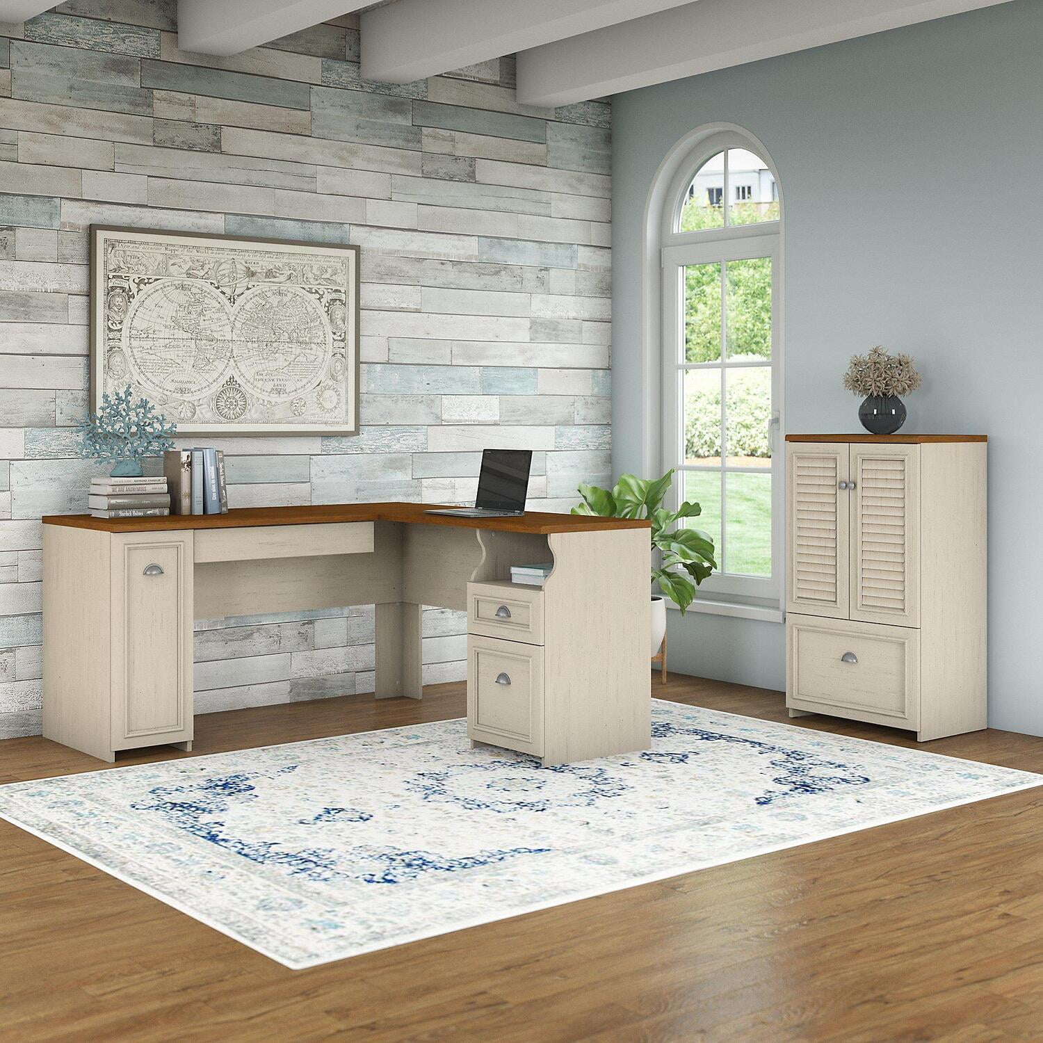 Fairview L Desk with Storage File Cabinet in Antique White - Engineered ...
