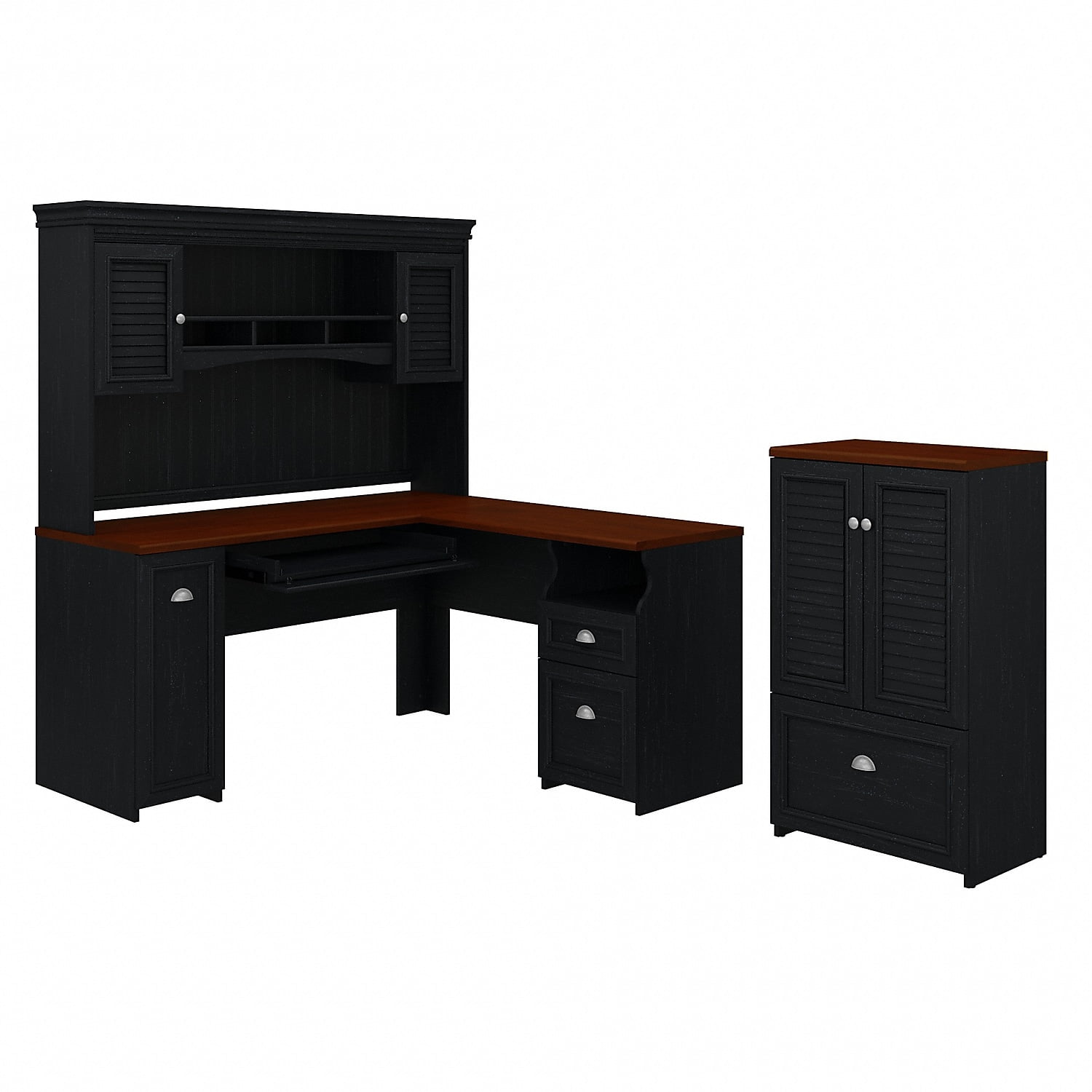 Fairview L Shaped Desk with Hutch and Storage Cabinet in Black ...