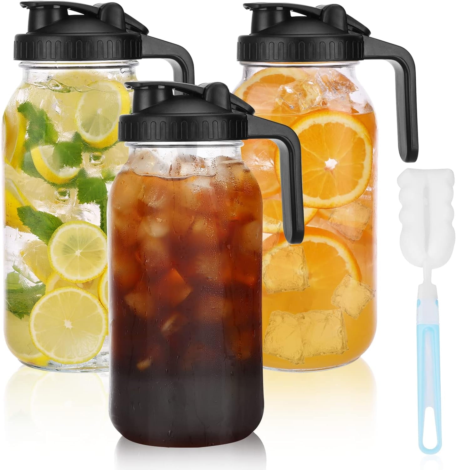 Fairy 3pcs 64oz Wide Mouth Glass Mason Jar Pitcher, 2 Quart Heavy Duty ...