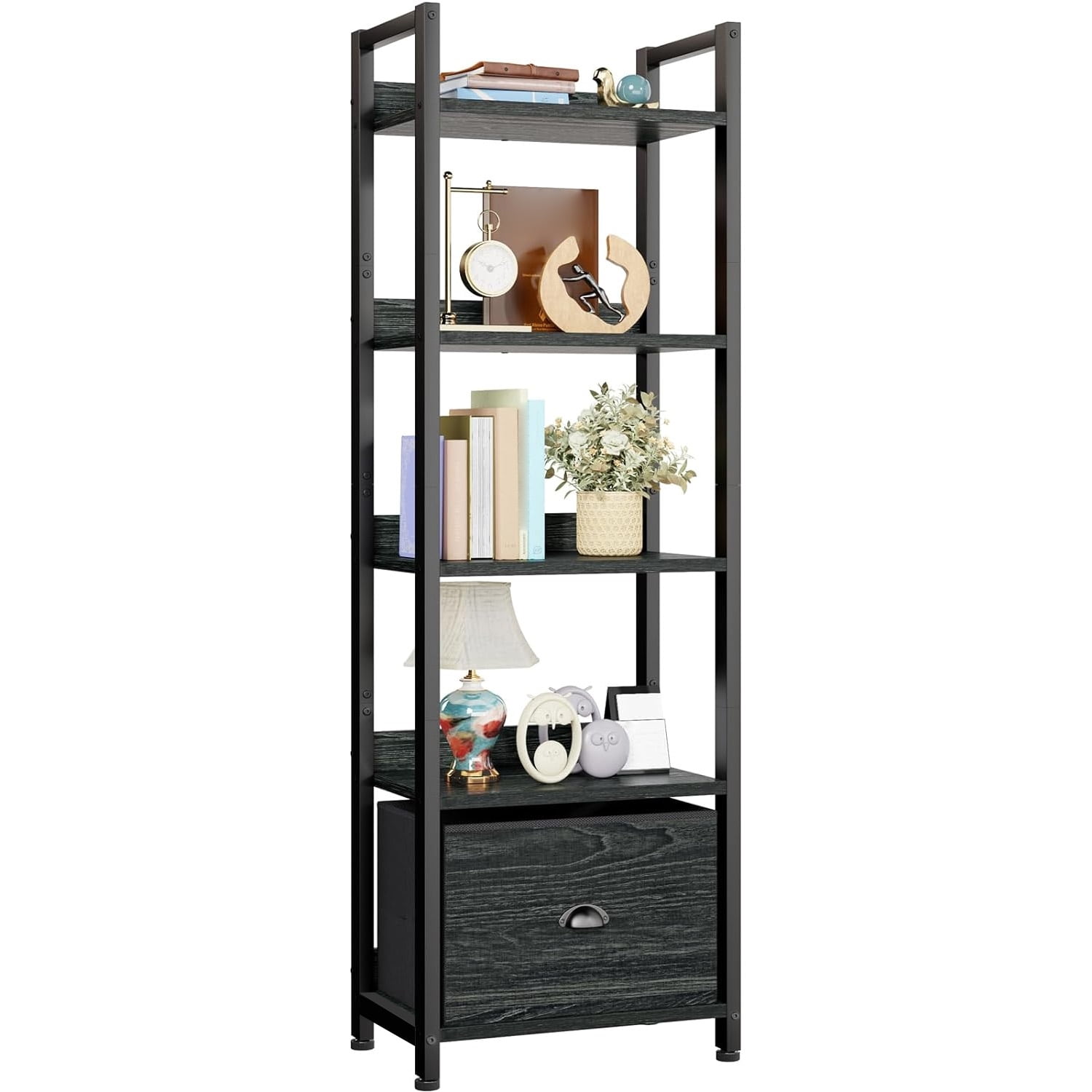 Fairy 5 Tier Bookshelf with Drawer, Tall Narrow Bookcase with Shelves ...