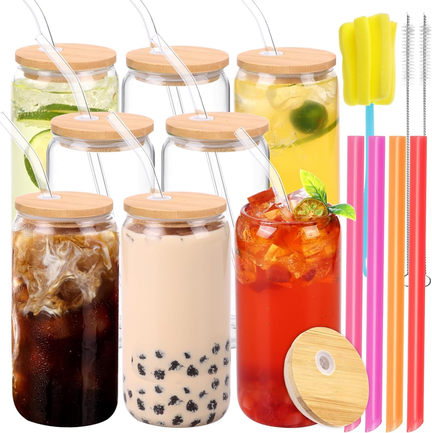 Fairy 8Pcs 16oz Glass Cups with Lids and Straws, Glass Iced Coffee Cups ...