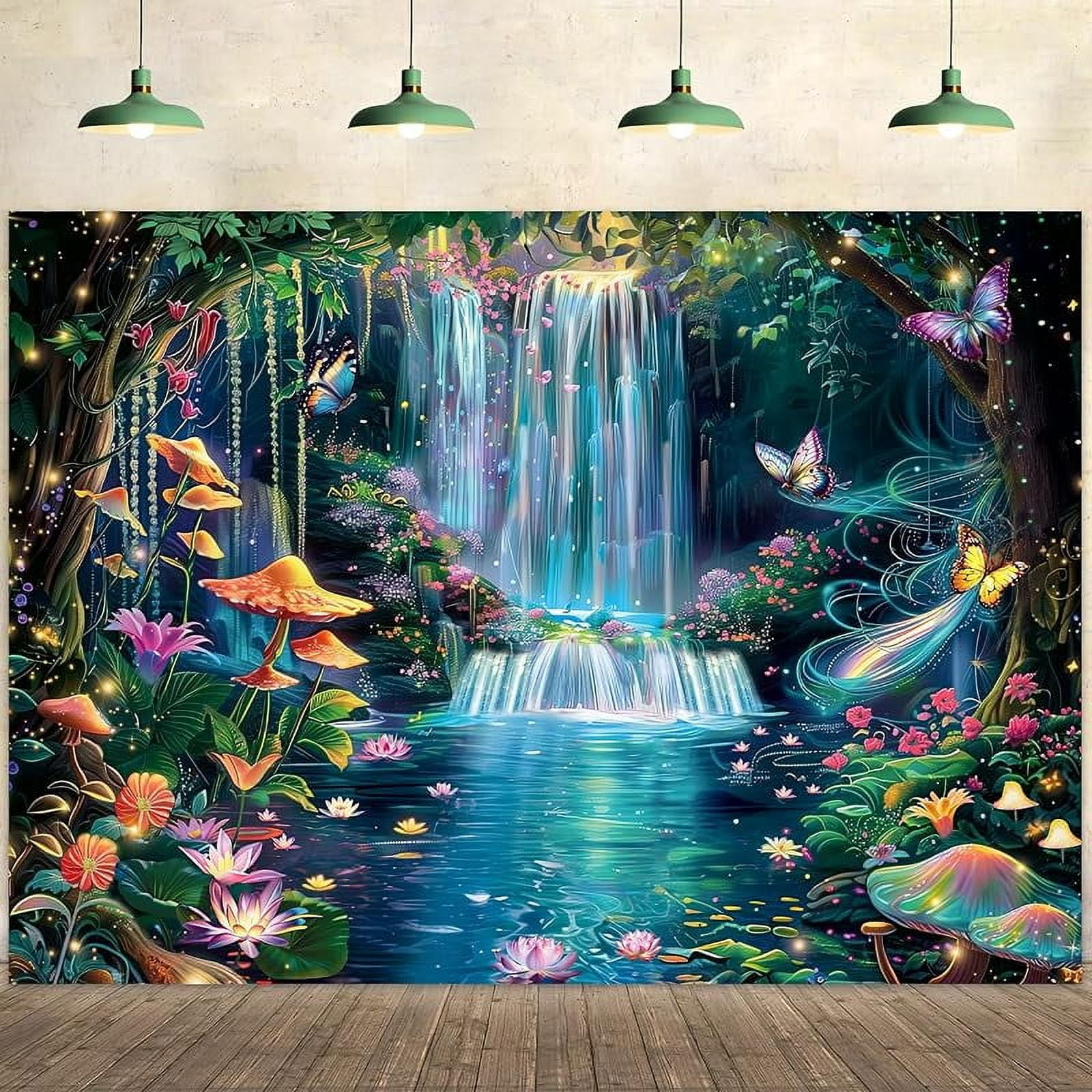 Fairy Backdrop Enchanted Woodland Waterfall Mushroom Green Butterfly ...