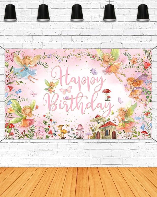 Fairy Birthday Backdrop Banner Pink Little Fairy Happy Birthday Party ...