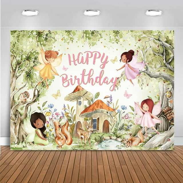 Fairy Birthday Backdrop for Girls Fairy First Enchanted Forest Birthday ...
