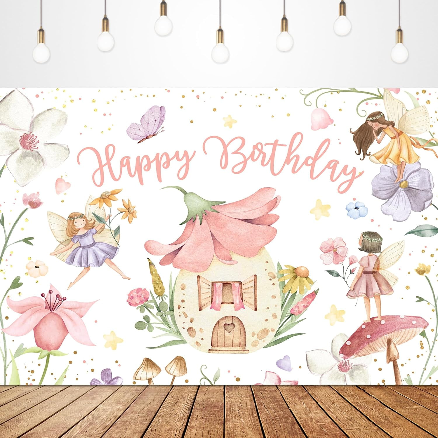 Fairy Birthday Backdrop Watercolor Floral Cute Cartoon Little Elf ...