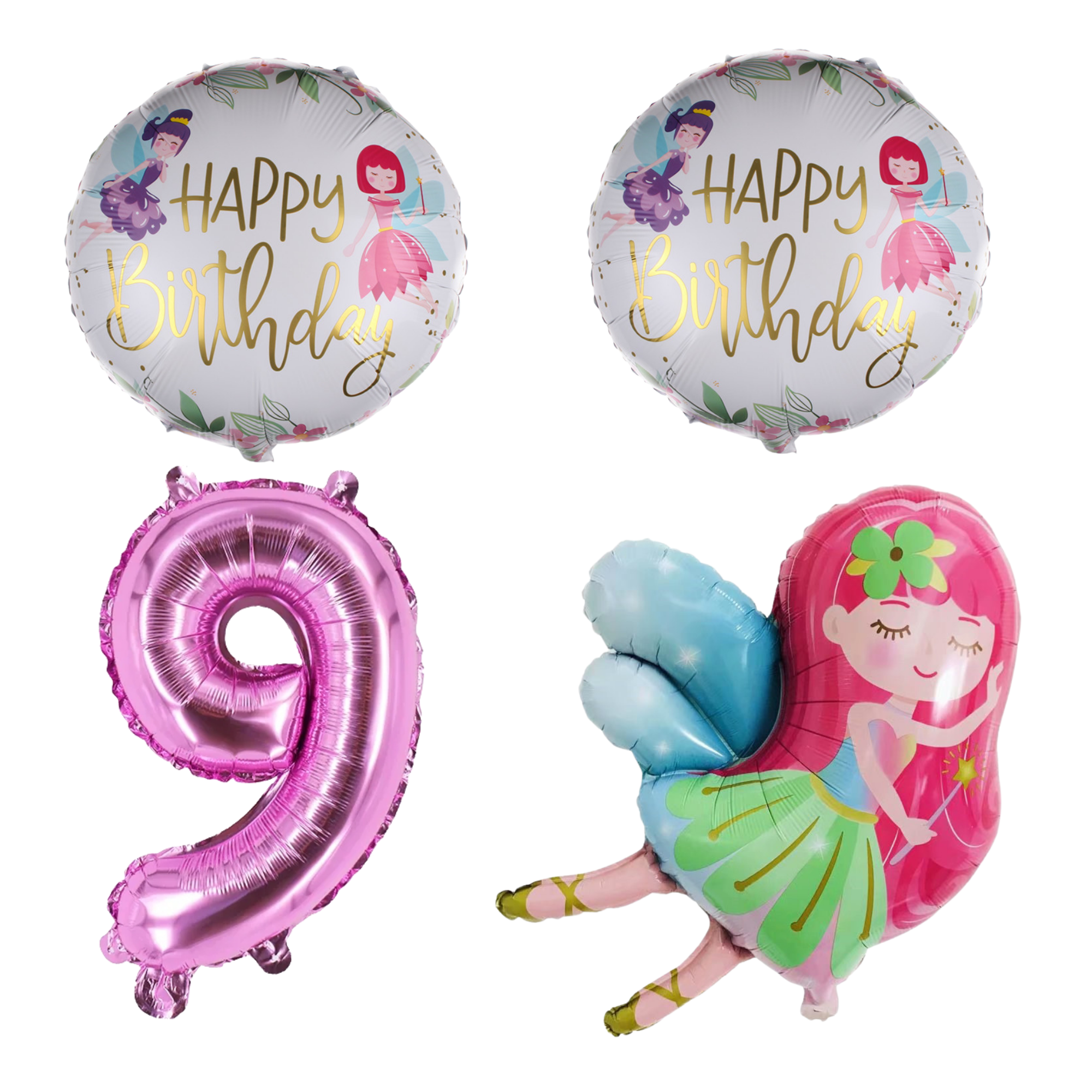 Fairy Birthday Party Balloons Number 9 Pink Foil Set Girl's 9th ...