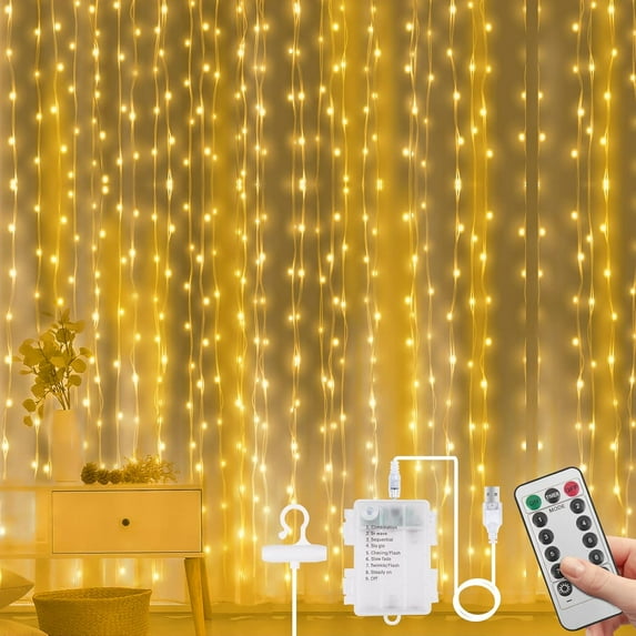 Fairy Curtain Lights,300 Warm White Curtain Lights,8 Modes 9.8x9.8Ft ...