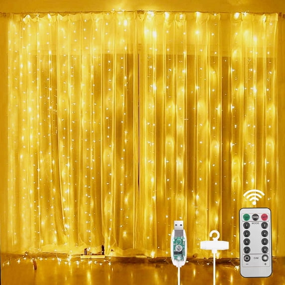 Fairy Curtain Lights,300 Warm White Window Curtain String Light,8 Modes ...