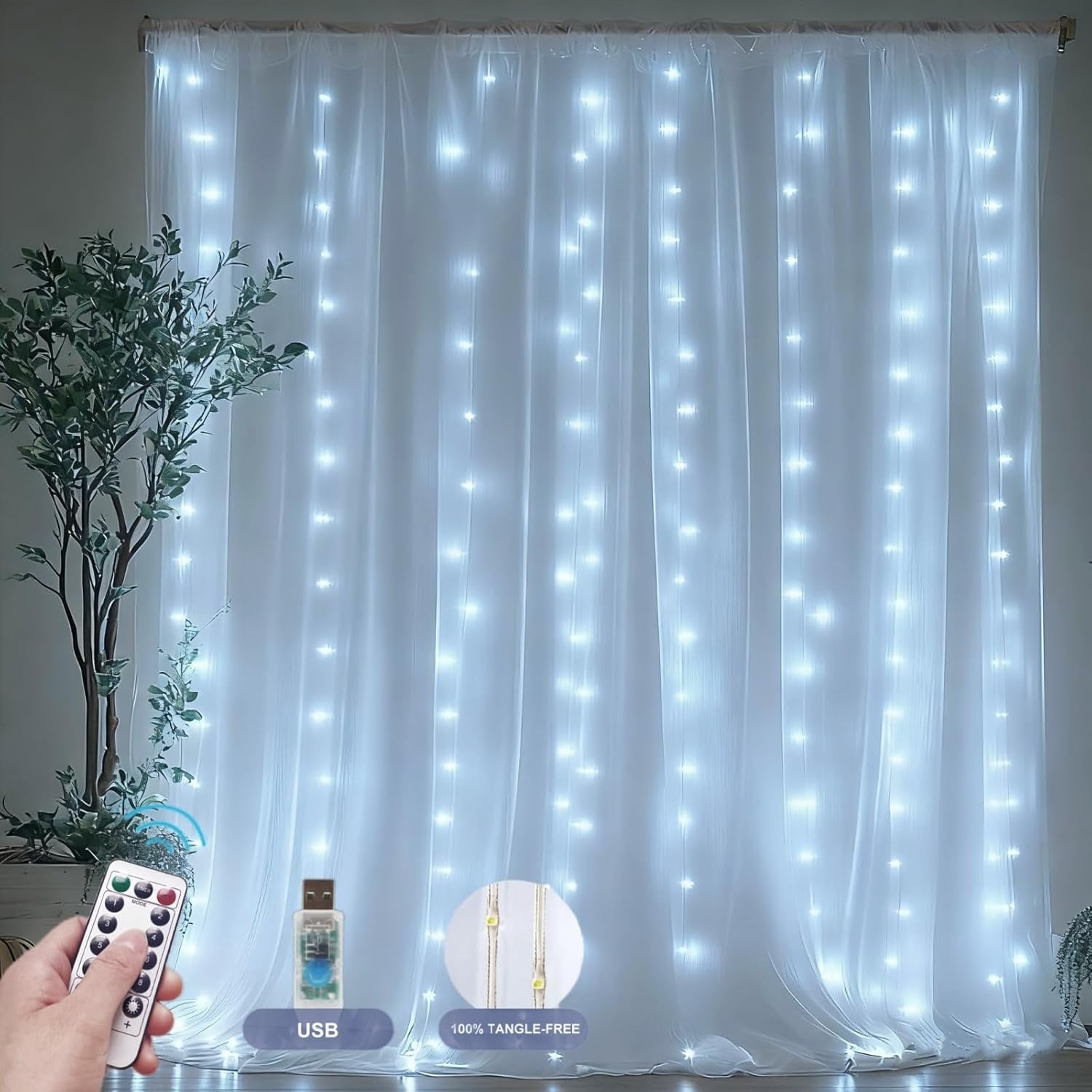 Fairy Curtain Lights Upgraded Tangle- Cool White Plug in 8 Modes String ...