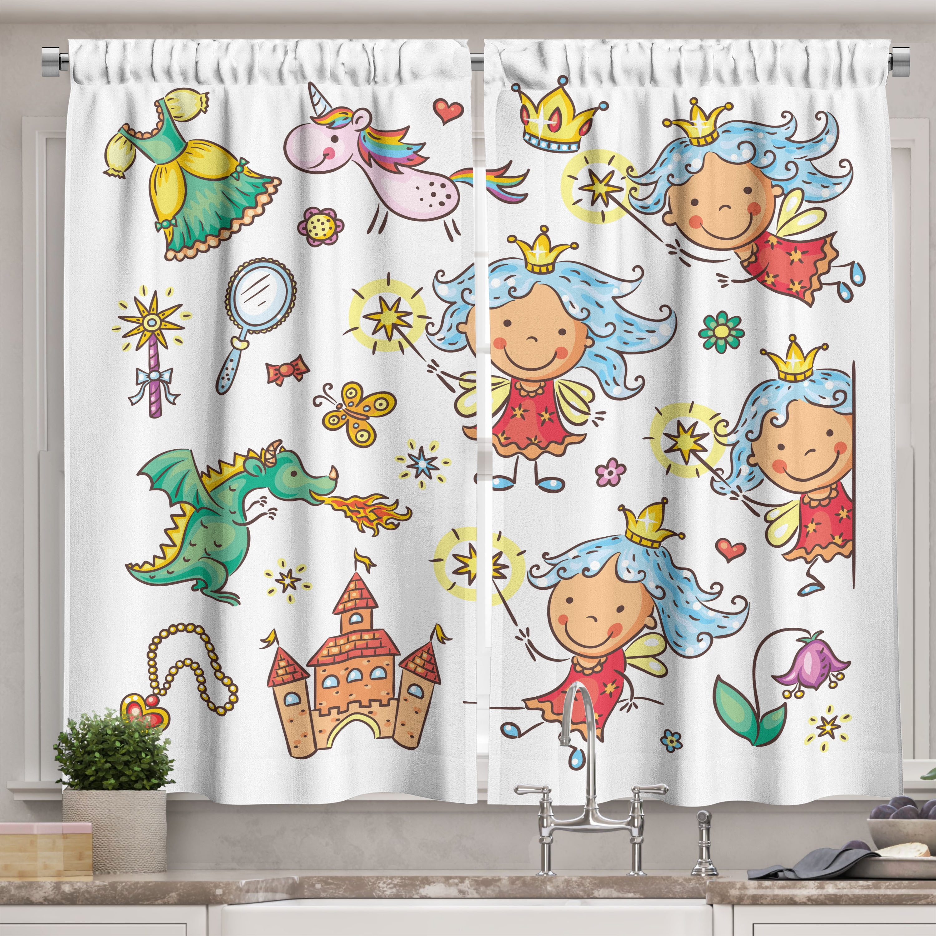 Fairy Curtains 2 Panels Set, Cartoon Princess Pattern with Magic Wand ...
