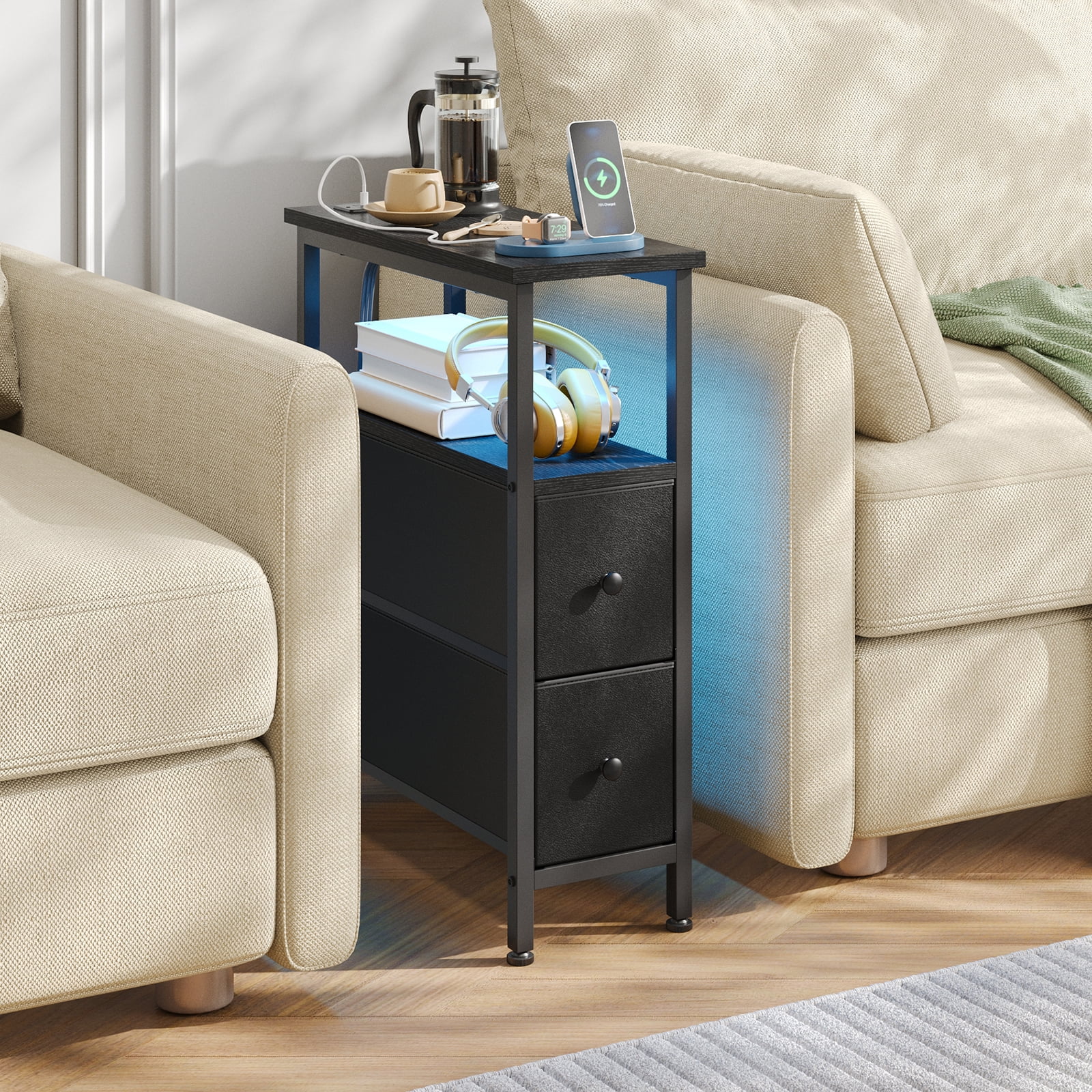 Fairy End Table with Charging Station, Narrow Bedside Table with 2 ...