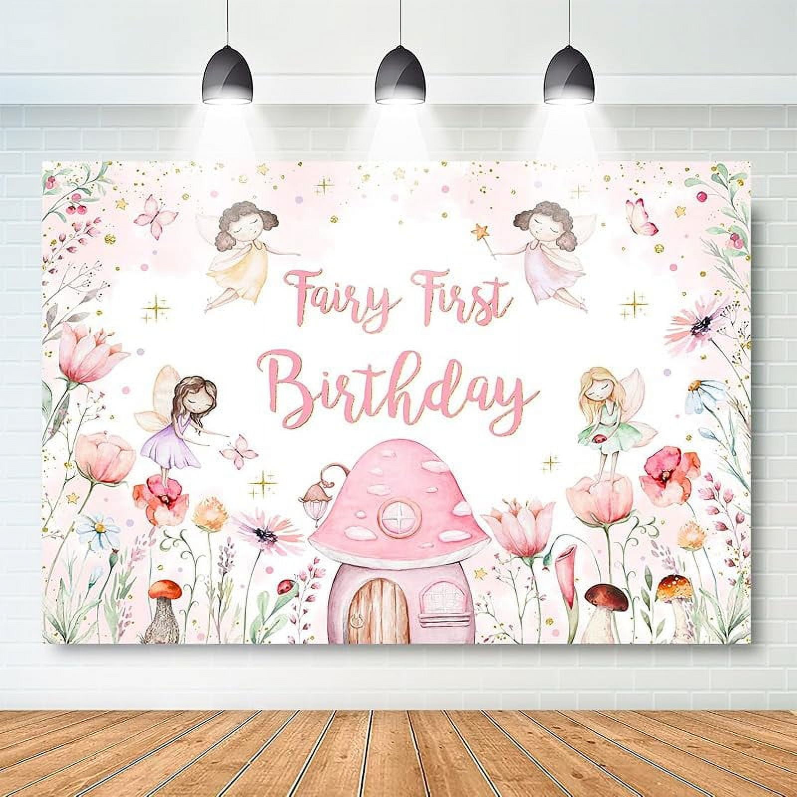Fairy First Birthday Backdrop for Girl Pink Flowers Our Little Fairy is ...