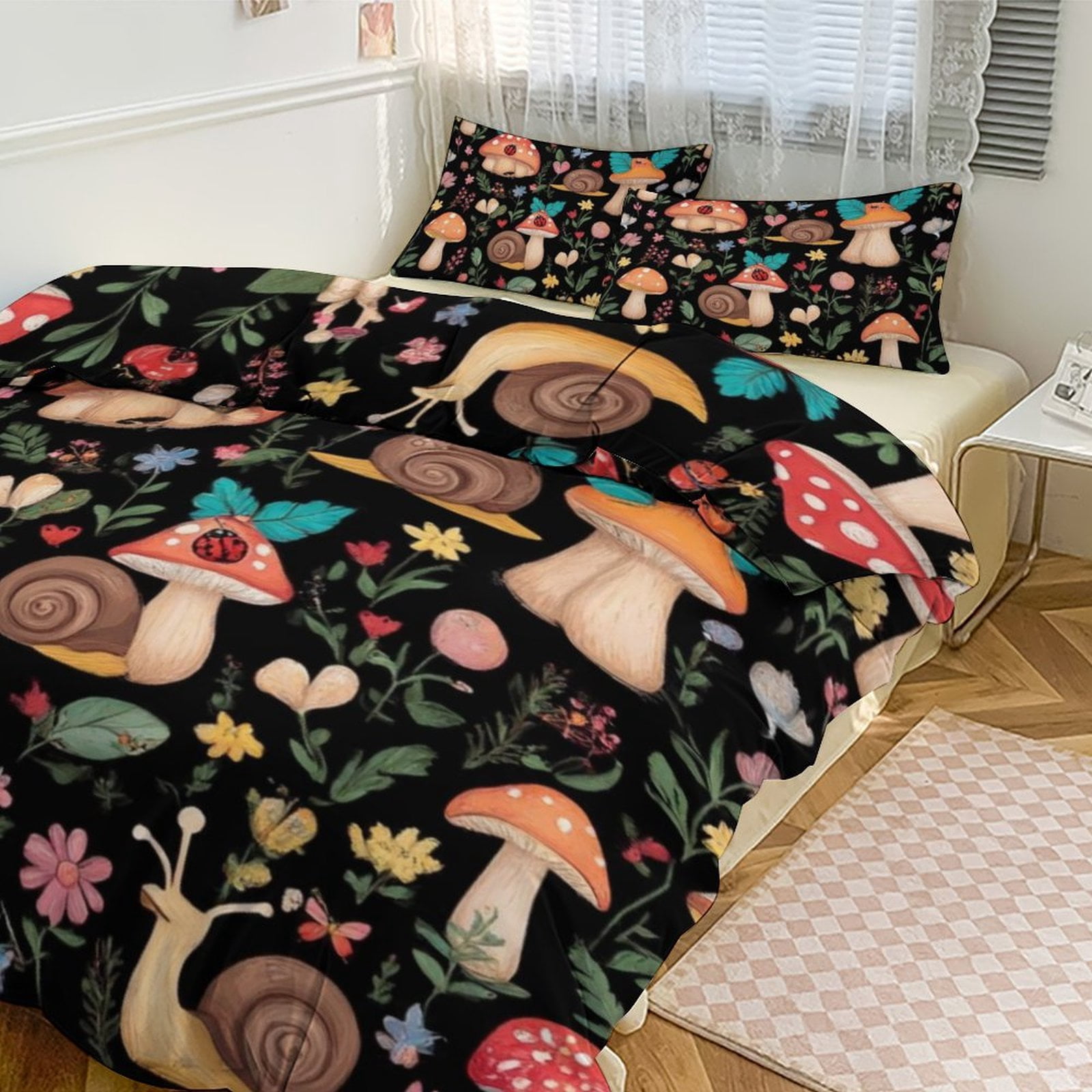 Fairy Forest Snails Mushrooms 102"x90"3 Pcs Soft Bedding Set Includes 1 ...