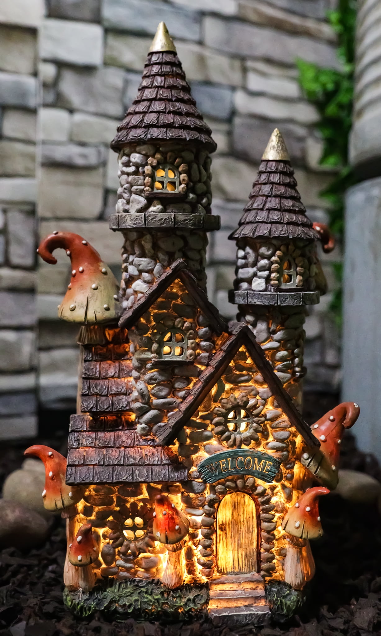 Large Fairy Garden LED Light Up Castle, Miniature Stone House Decor ...