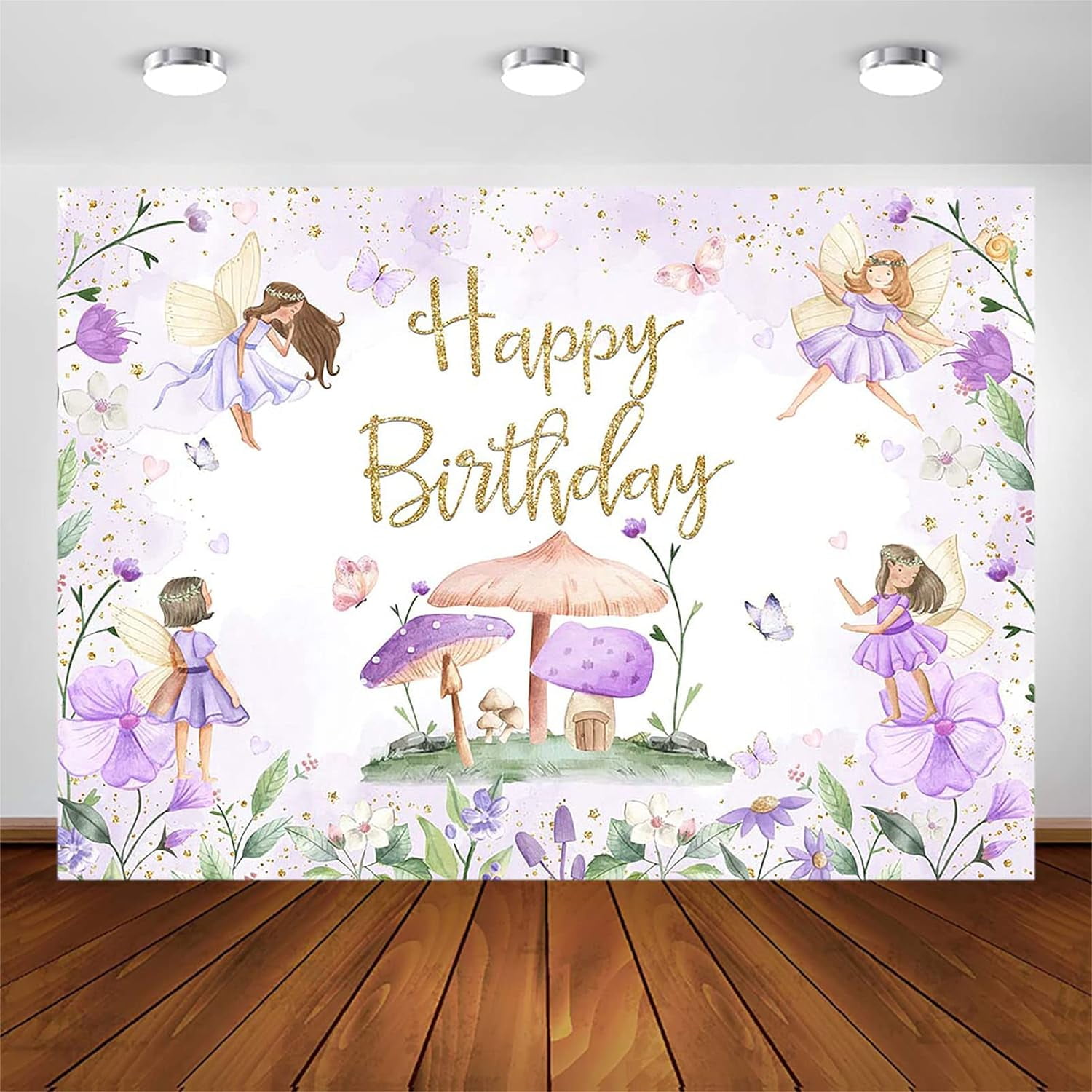 Fairy Girls Birthday Backdrop Purple Mushroom Butterfly Little Elf ...