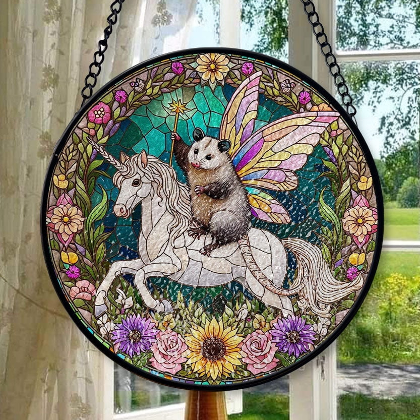 Fairy Godpossum riding unicorn GLASS Suncatcher Hanging, Cute opossum ...