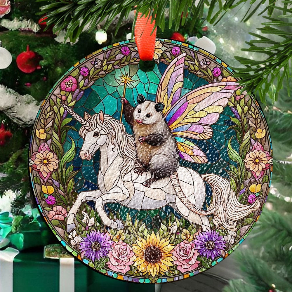 Fairy Godpossum riding unicorn GLASS Suncatcher Hanging, Cute opossum ...