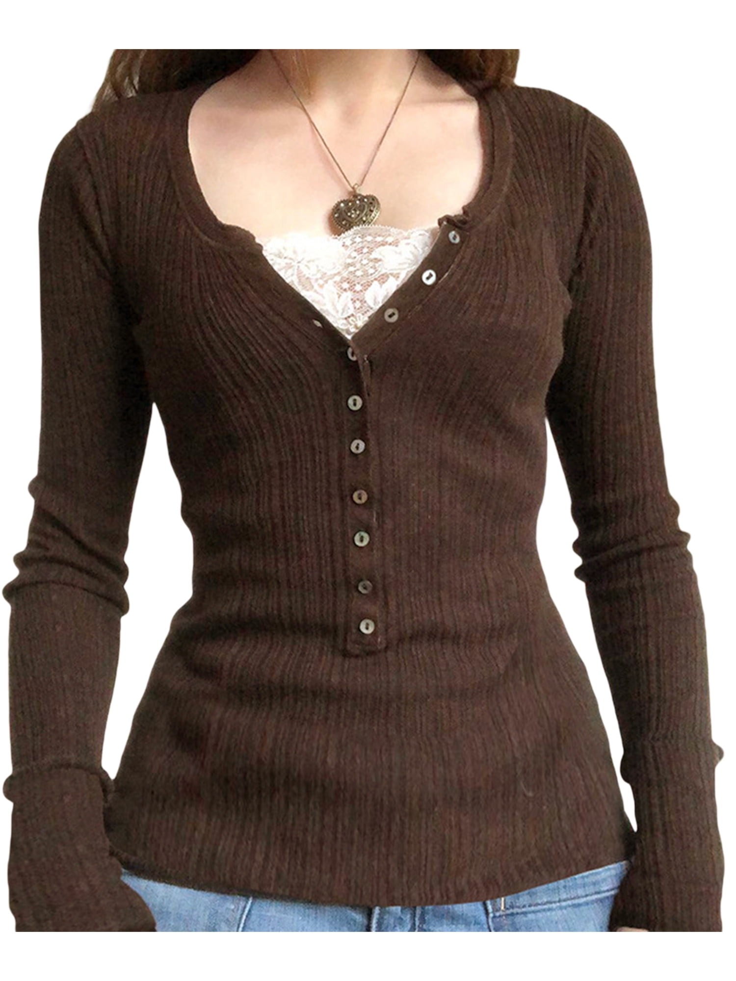 Fairy Grunge Shirts for Women Y2K Tops Long Sleeve Lace Patchwork Tees ...