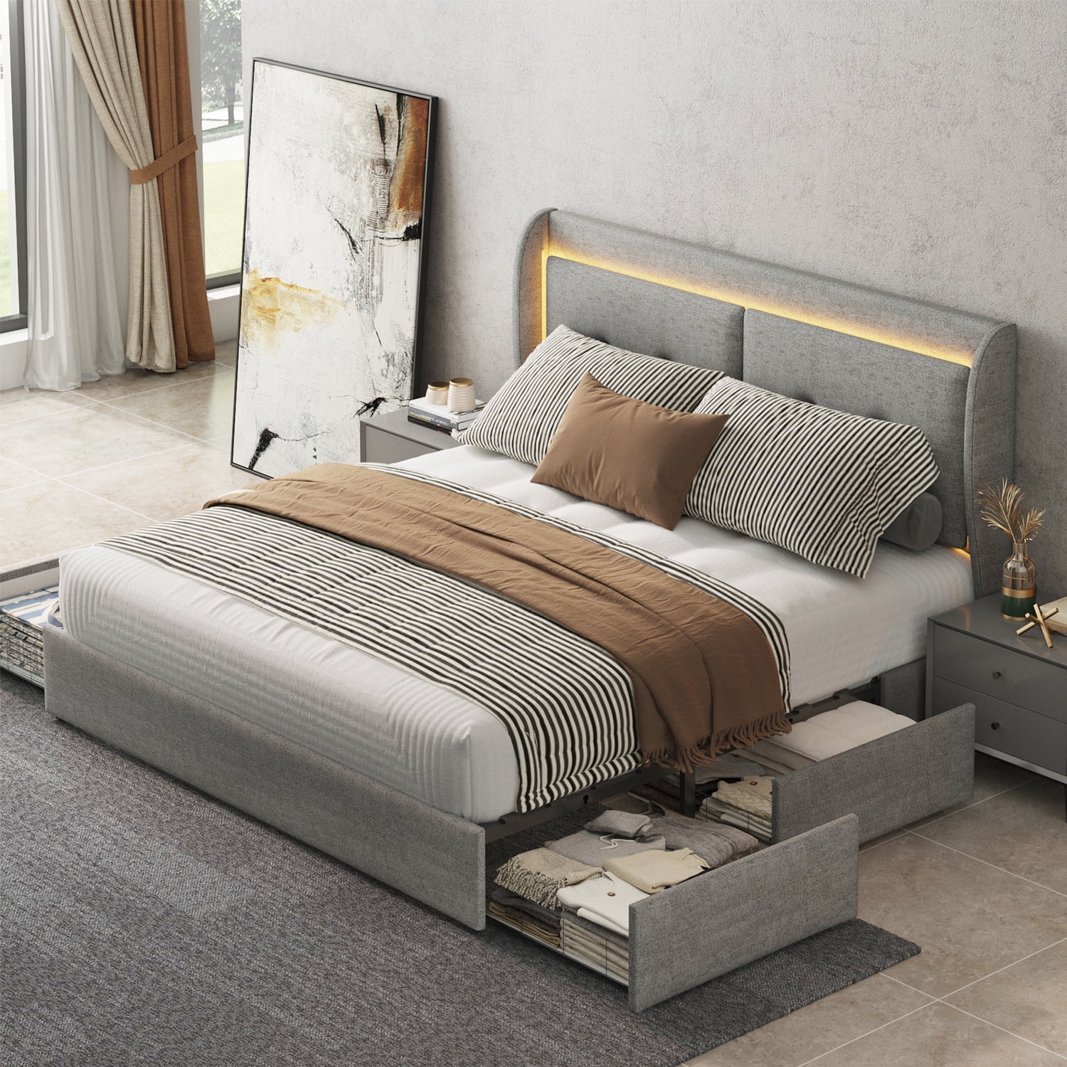 Fairy King Size Bed Frame with Storage Drawers, LED Lights and Wingback ...