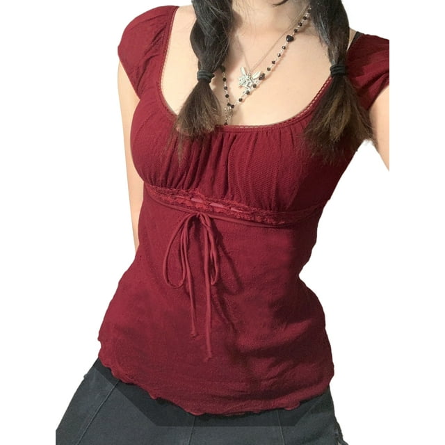 Fairy Lace Grunge Aesthetic Short Shirts for Women Square Neck Short ...