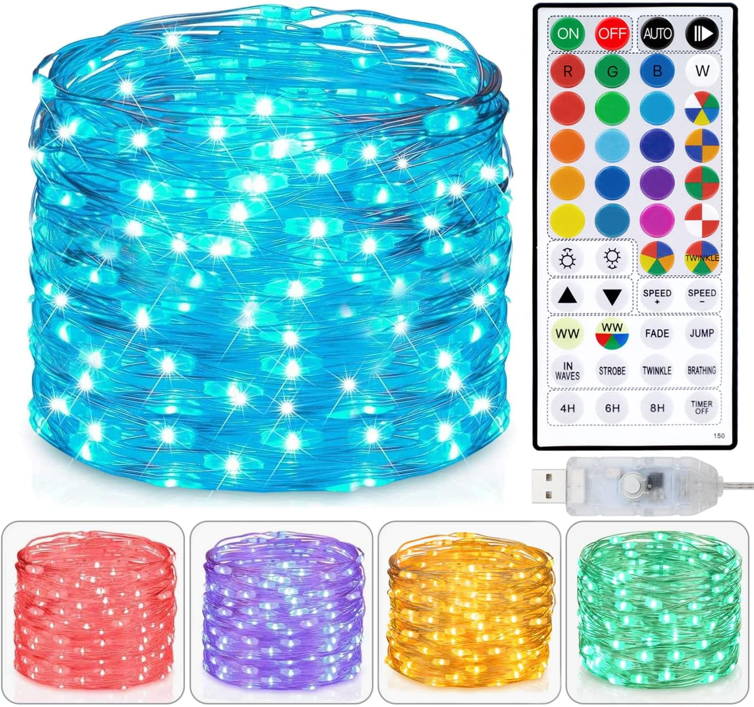 Fairy Lights USB Plug in 33ft 100LEDs with Remote, Warm White 20 Color ...