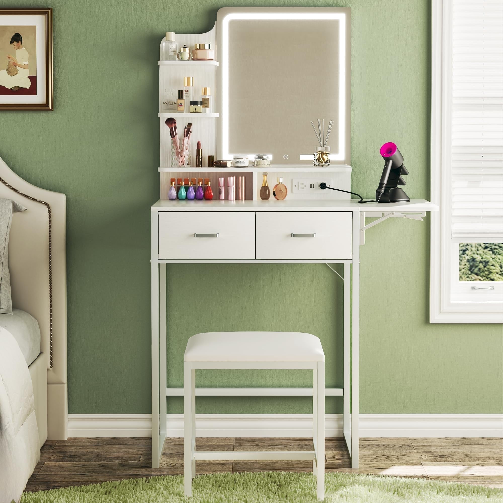 Fairy White Makeup Vanity Desk with Mirror, Lights, Power Outlet, Chair ...