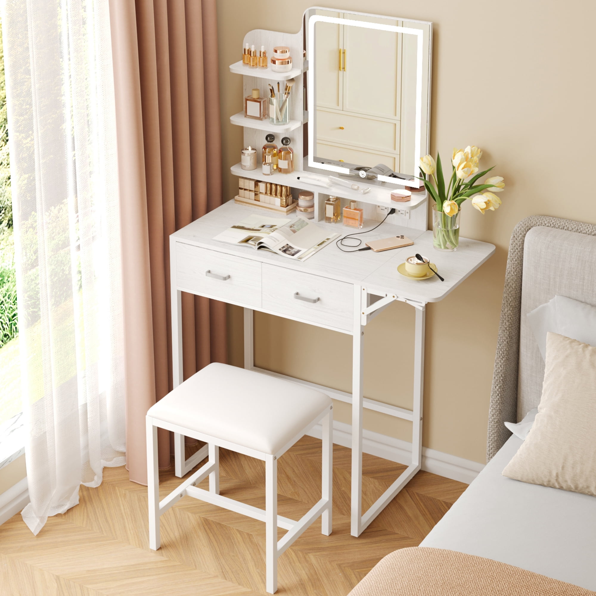 Fairy White Makeup Vanity Desk with Mirror, Lights, Power Outlet, Chair ...