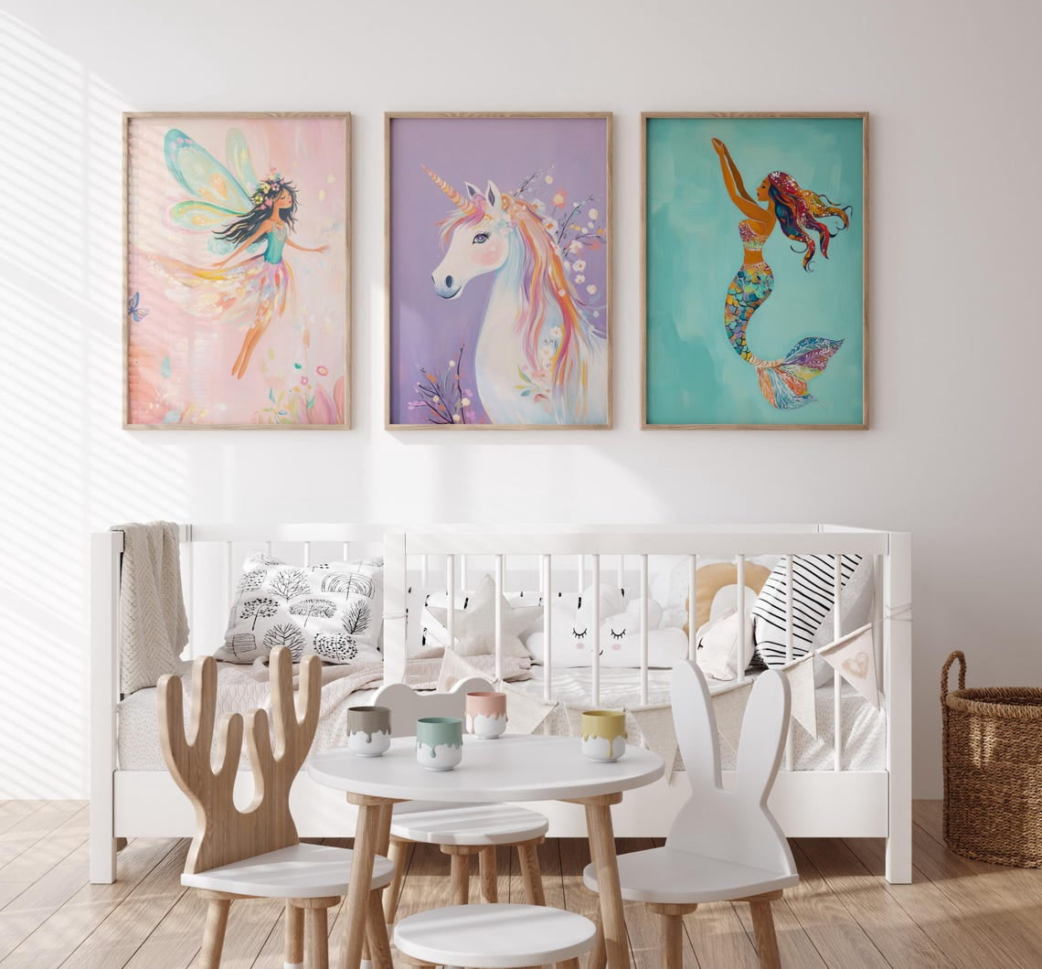 Fairy Mermaid Unicorn Decor Nursery Wall Art Colorful Room Prints ...
